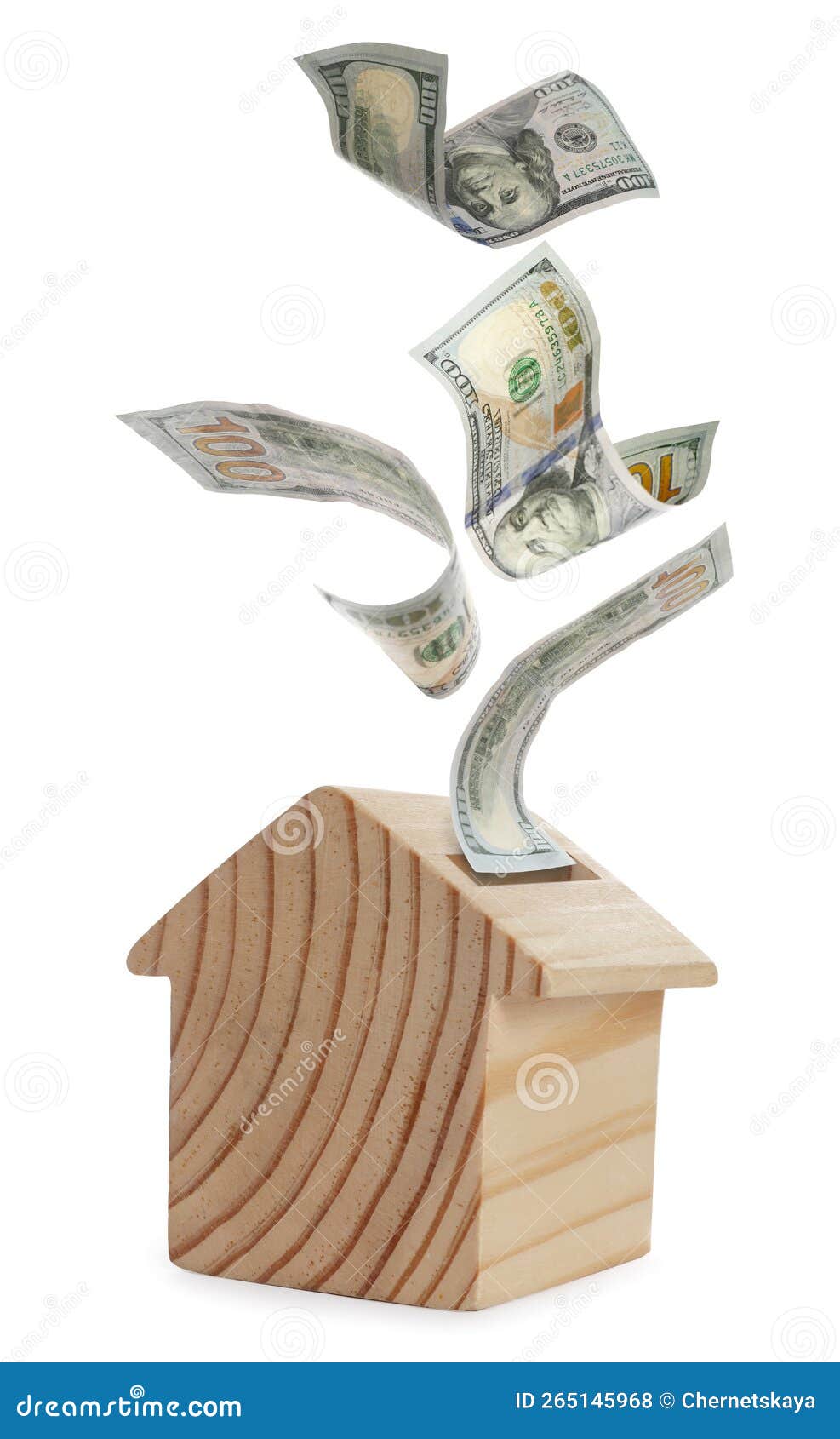 Dollars Falling into House Shaped Money Box on White Background Stock ...