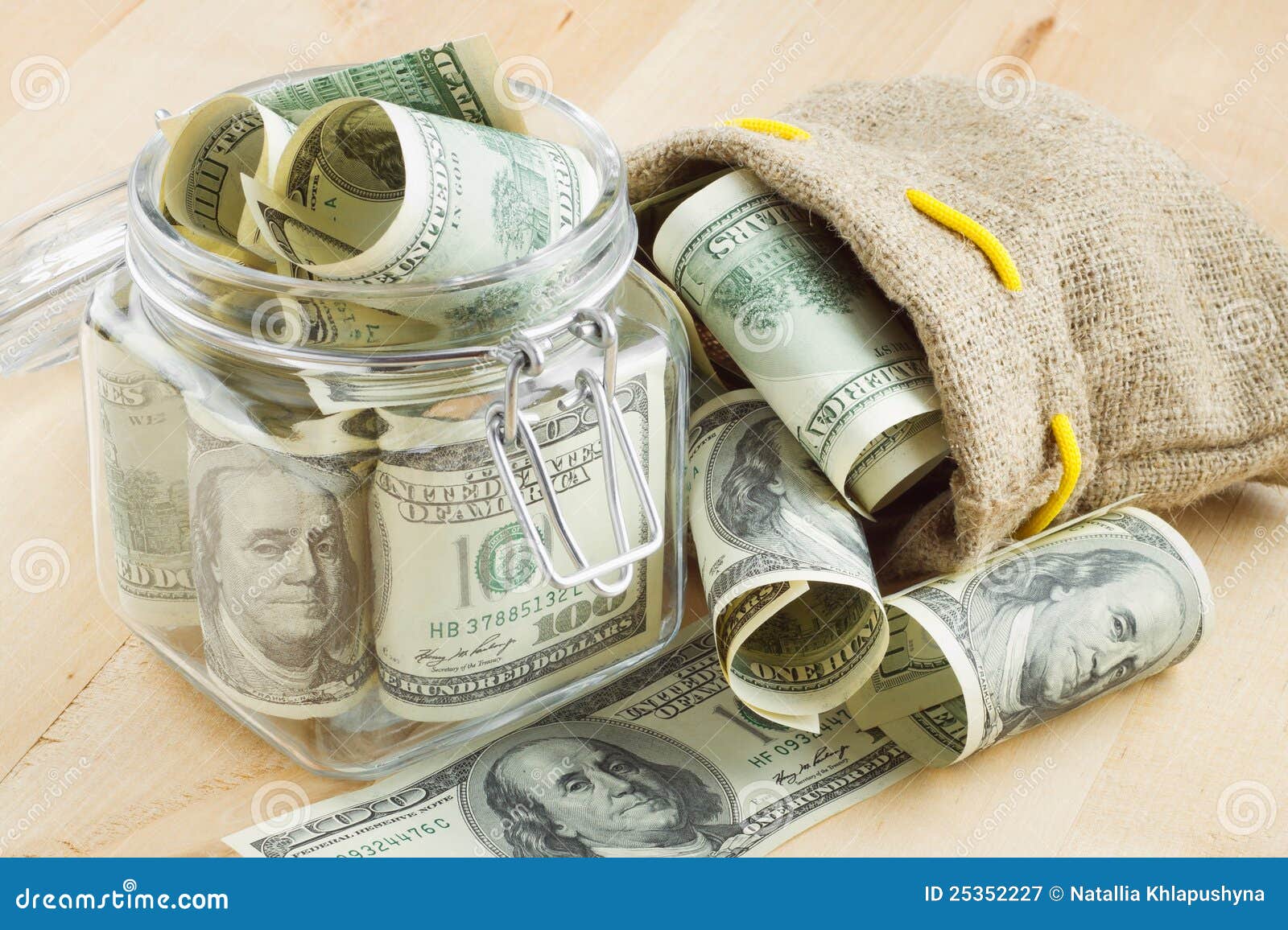 Dollars in Glass Jar and Bag of Money Stock Image - Image of financing ...