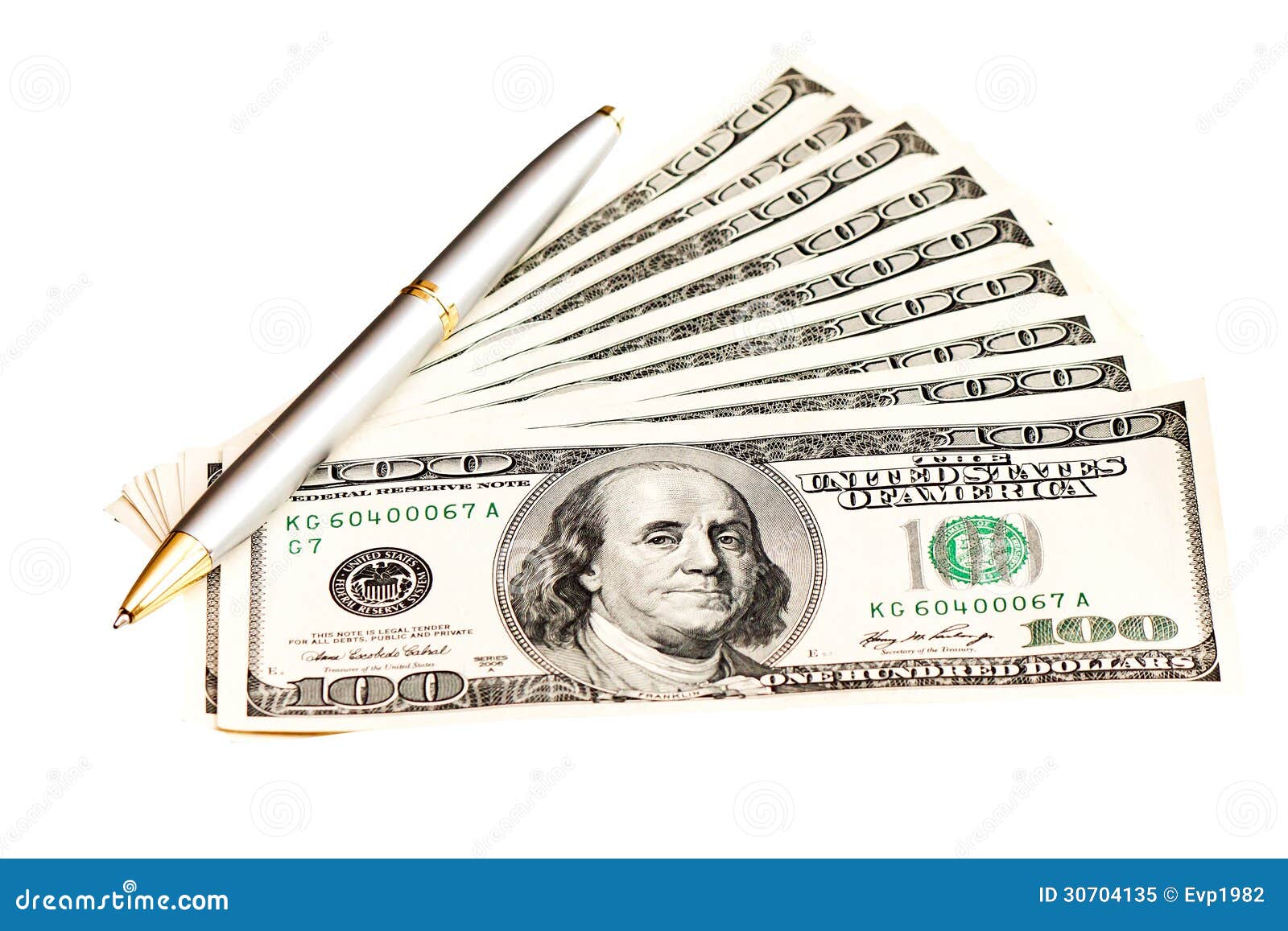 Dollars and Pen, Isolated on White Stock Image - Image of invest ...