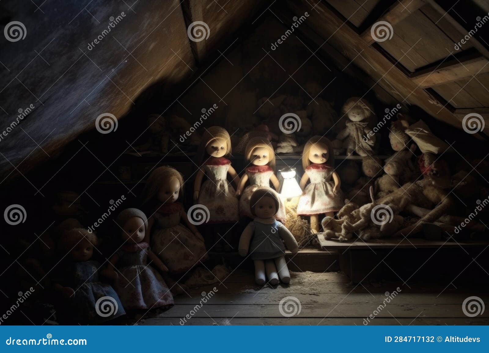 Dolls Empty Gaze in a Dark Attic Corner, Illuminated by a Single Beam ...