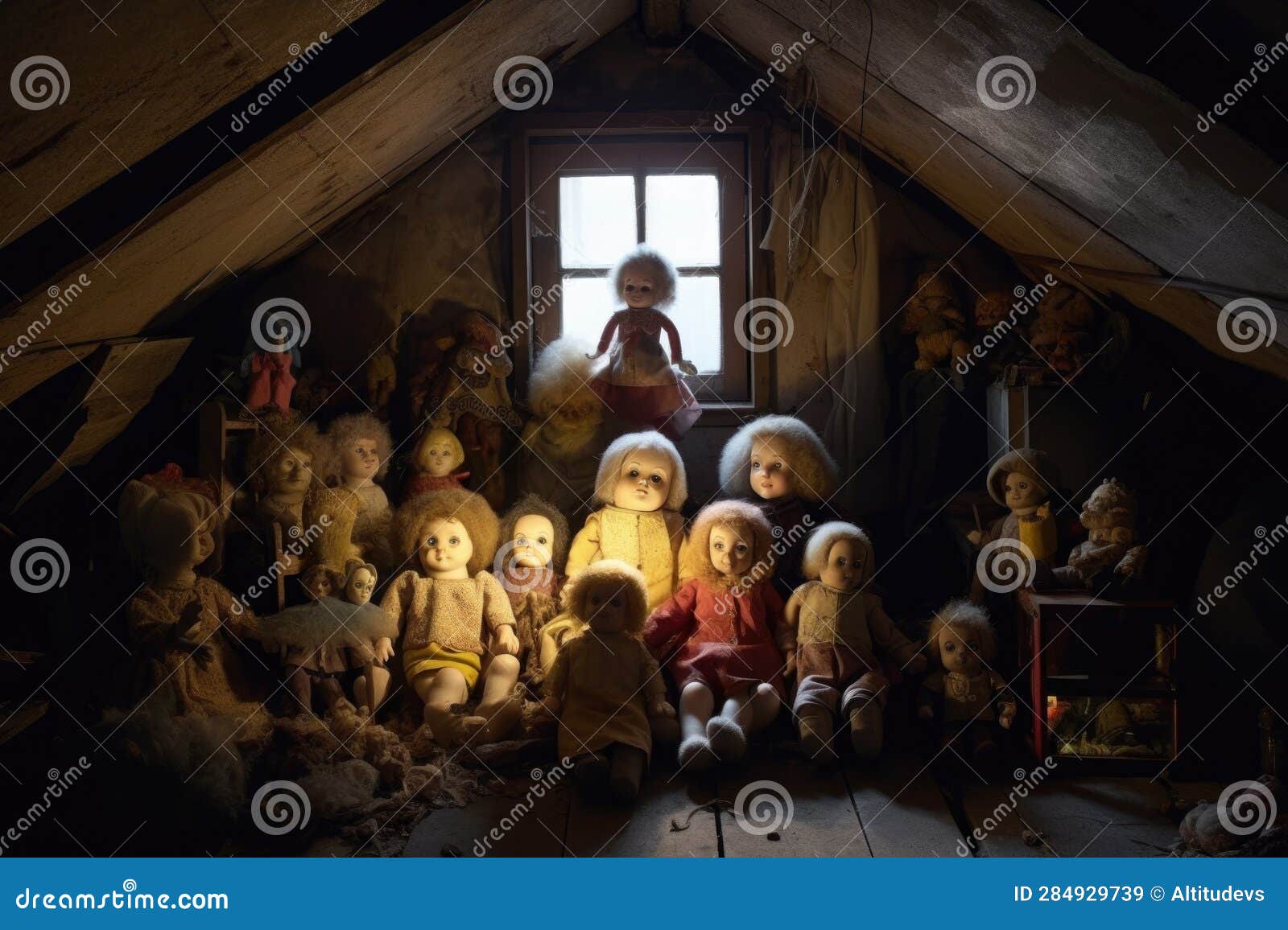 Dolls Empty Gaze In A Dark Attic Corner, Illuminated By A Single Beam ...