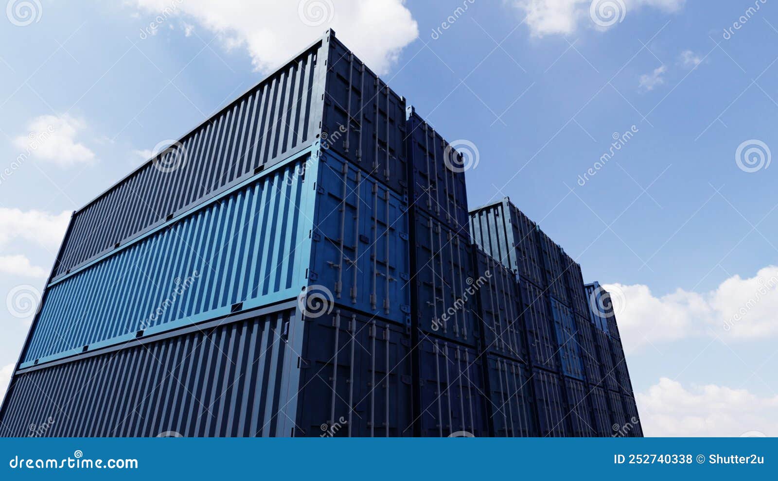 Dolly Zoom in the Stack of Blue Container Boxes with Sky Background ...