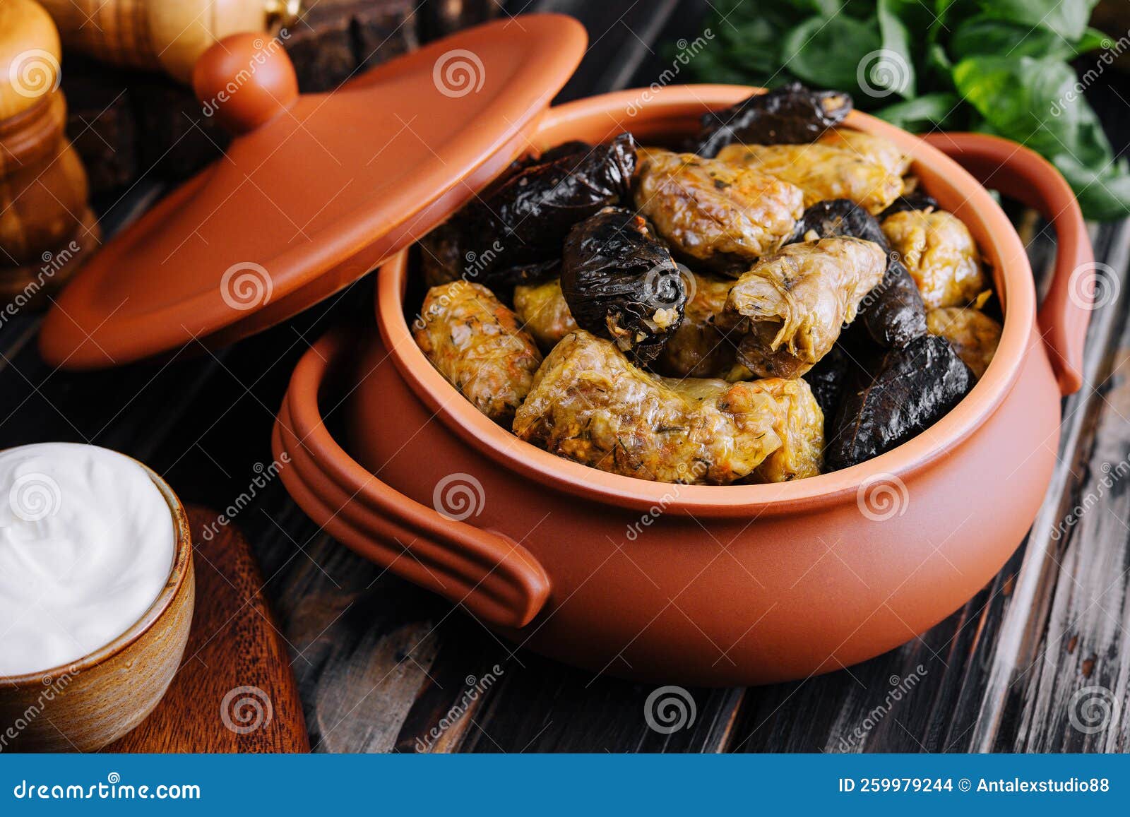 Dolma with Meat, Rice in Grape Leaves in a Clay Pot Stock Photo - Image ...