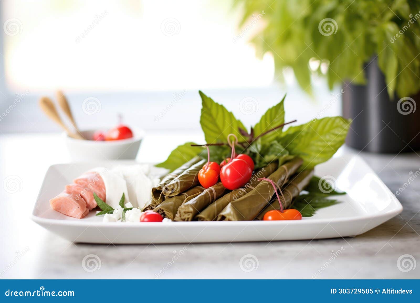 Dolma Platter with Grape Leaves on White Dish Stock Image - Image of ...