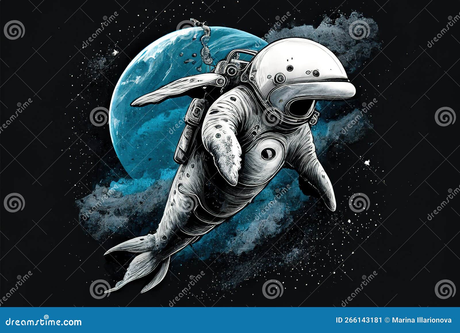 Dolphin Astronaut in Space Suit Flies Against the Backdrop of Planet ...