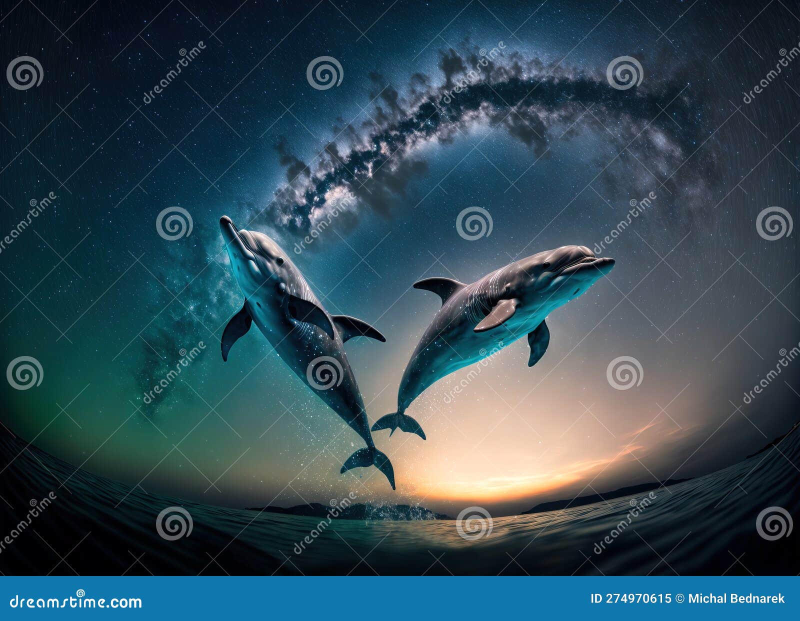 Dolphin Couple Jumping in Ocean at Night. Generative AI Stock ...