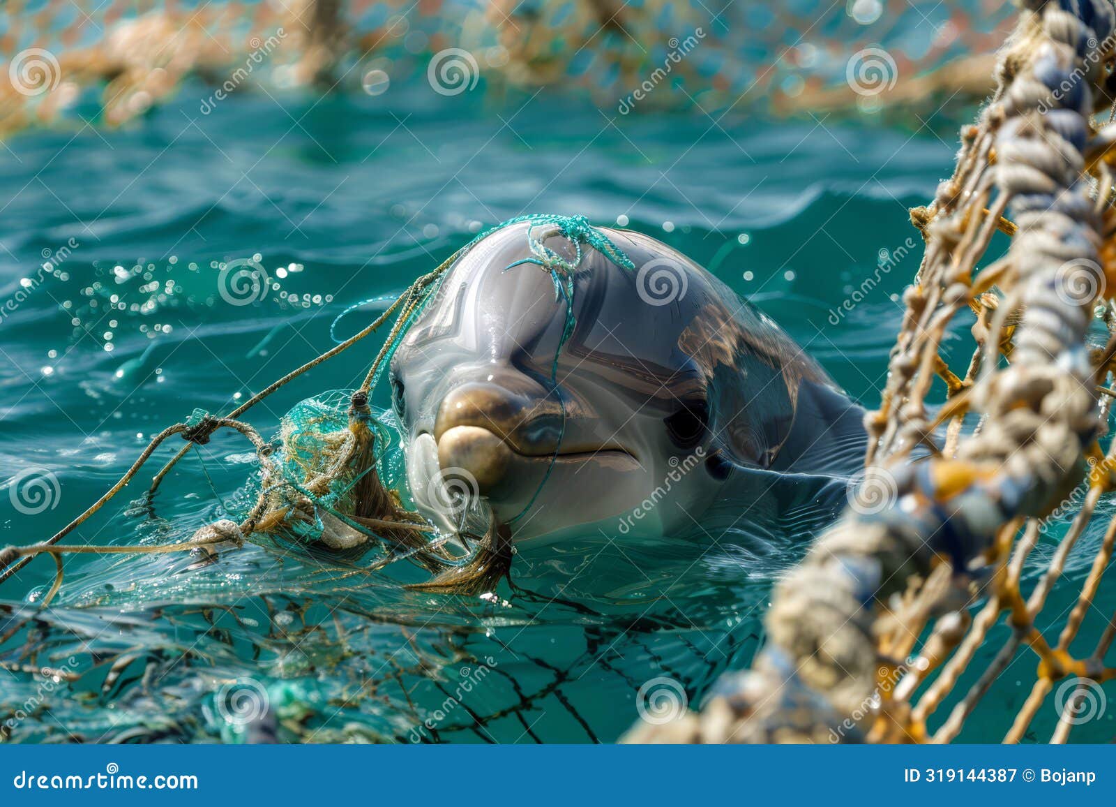 A Dolphin Entangled In Plastic Waste Is Isolated On A Transparent ...