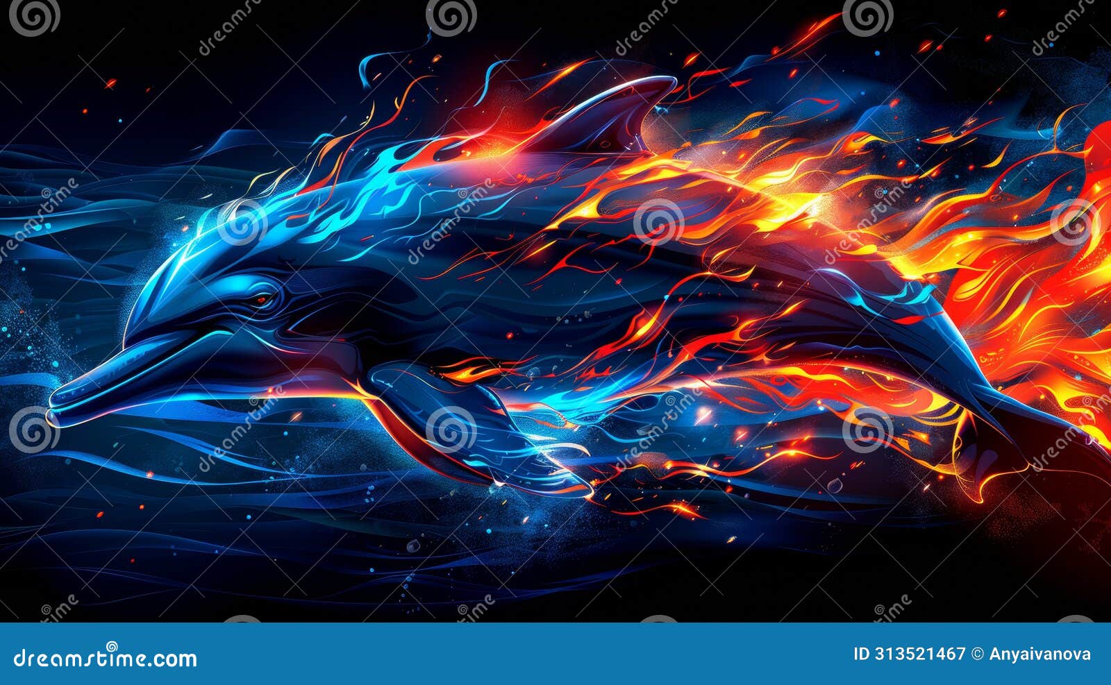 A Dolphin with Fire and Water on Its Back, a Magical Creature Made of ...