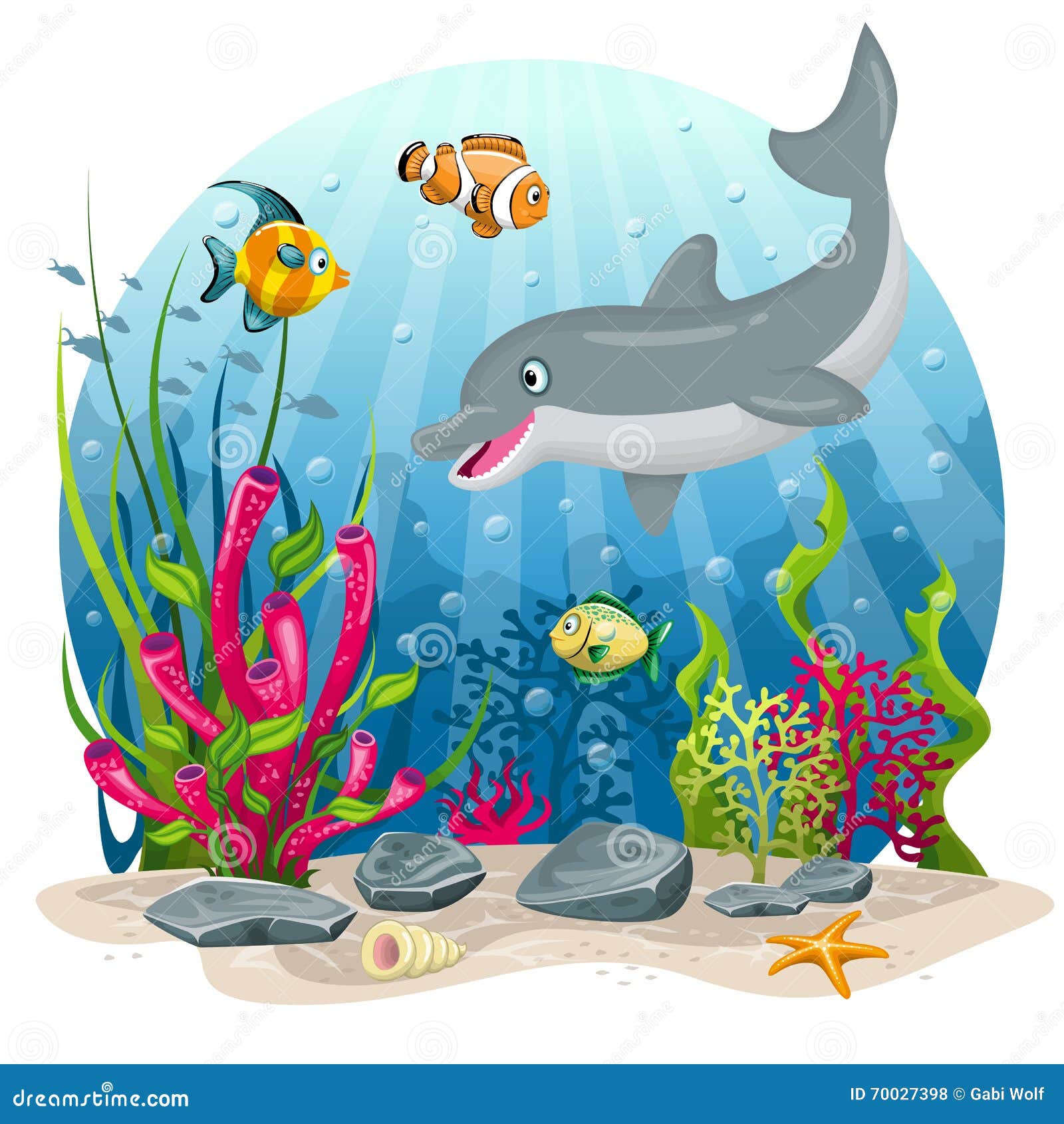 Dolphin and Fish in the Sea Stock Vector - Illustration of reef, ocean ...
