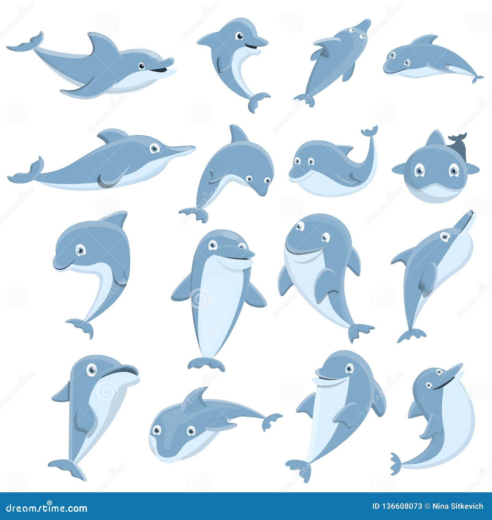 Dolphin Icons Set, Cartoon Style Stock Vector - Illustration of flipper ...