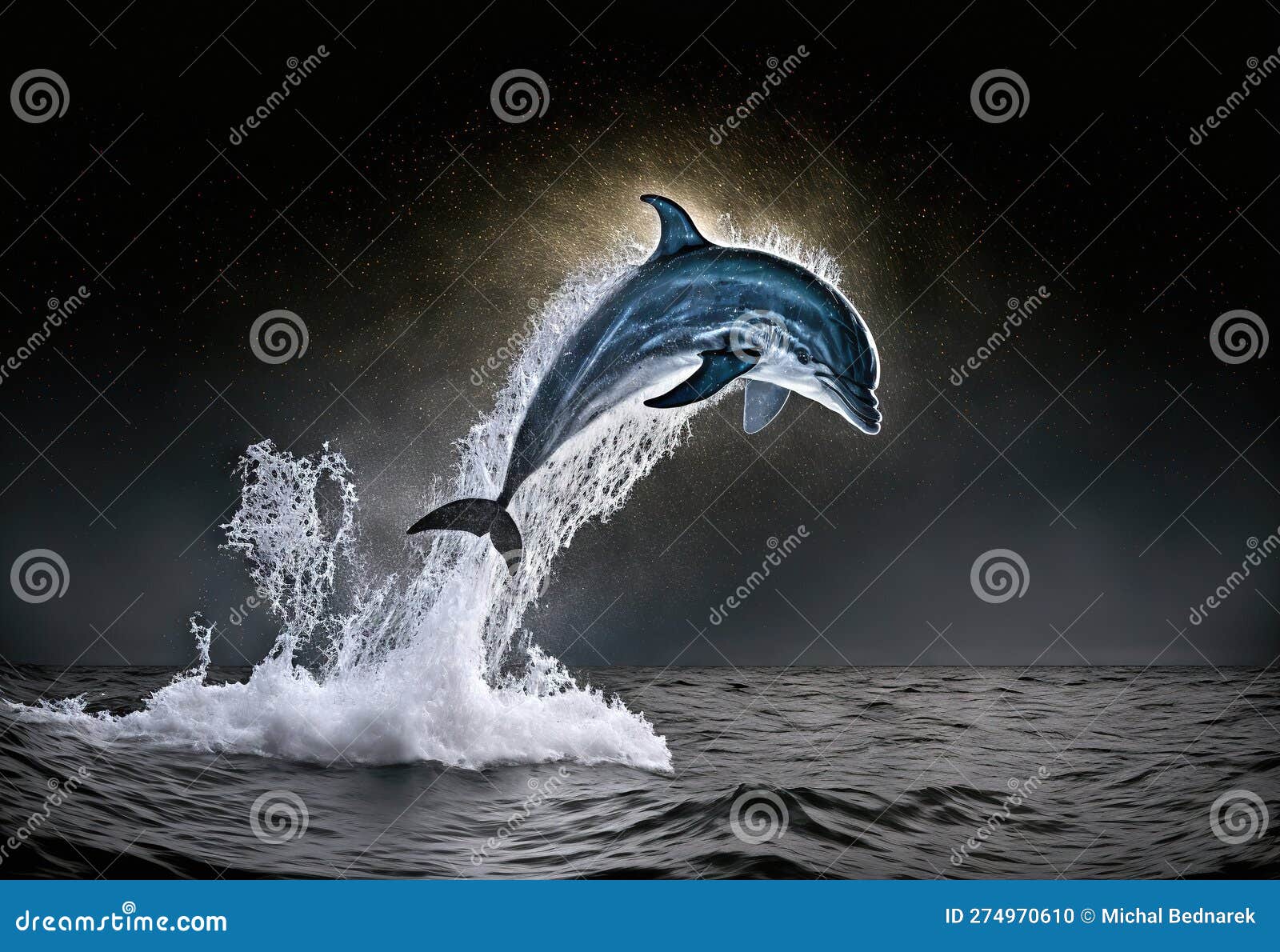 Dolphin Jumping in Ocean at Night. Generative AI Stock Illustration ...