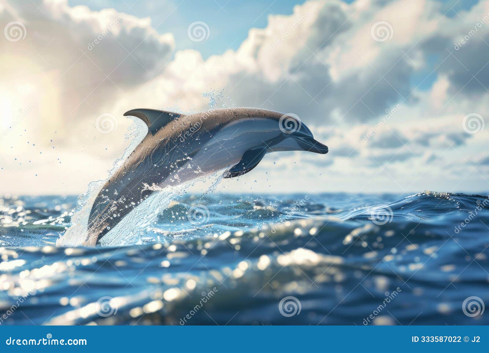Dolphin Leaping Gracefully Above Sparkling Ocean Waves Under a Cloudy ...
