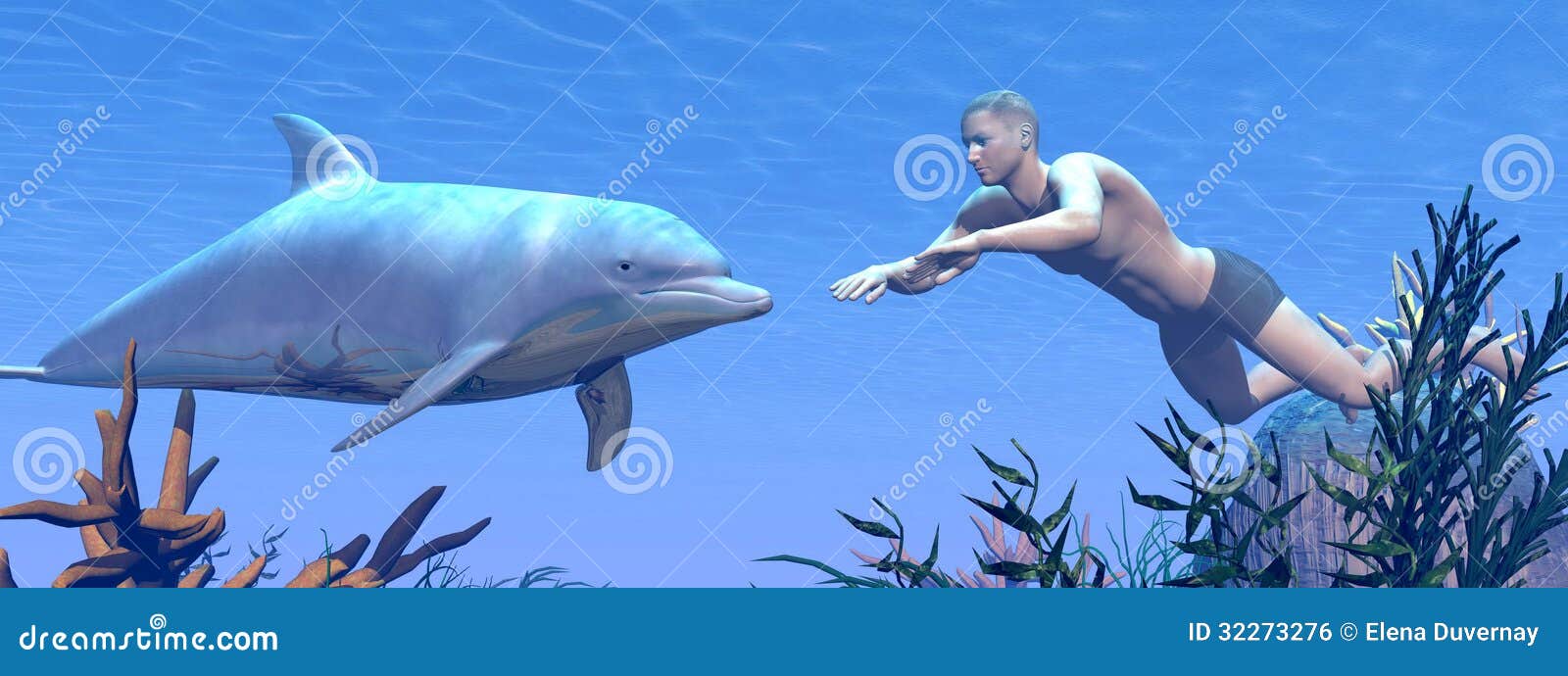 Dolphin and Man Swimming - 3D Render Stock Illustration - Illustration ...