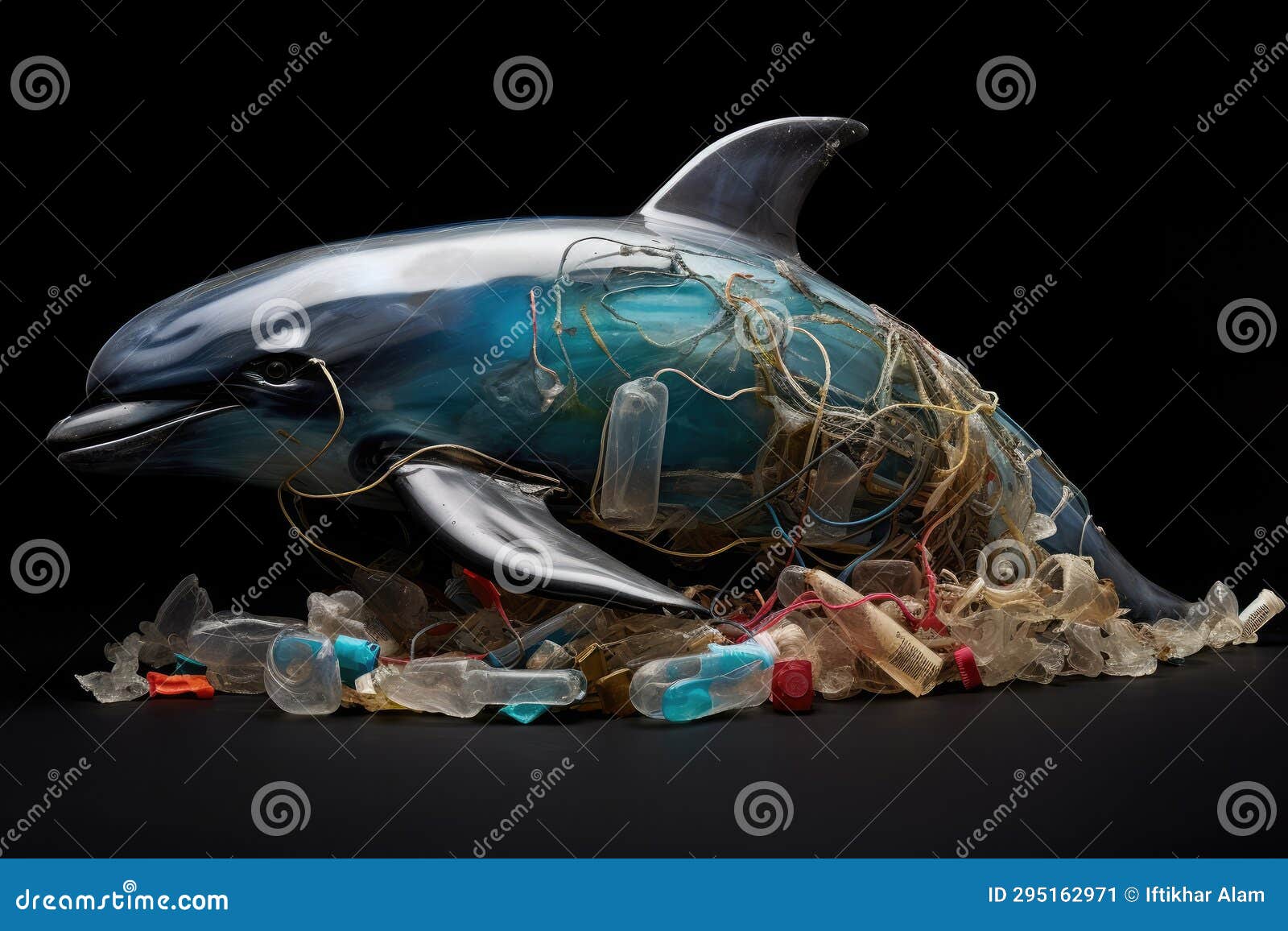 Dolphin with Plastic Waste on a Black Background. Plastic Pollution ...