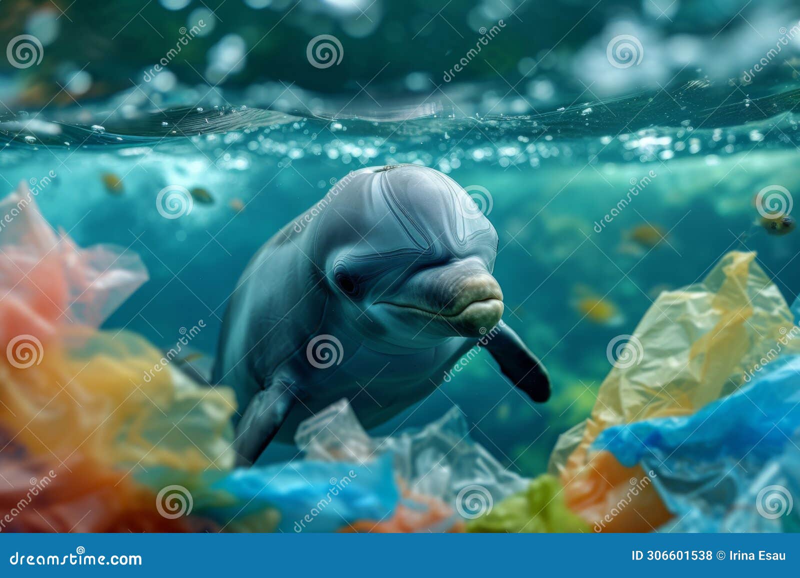 Dolphin among Plastic Waste Underwater Stock Photo - Image of ...