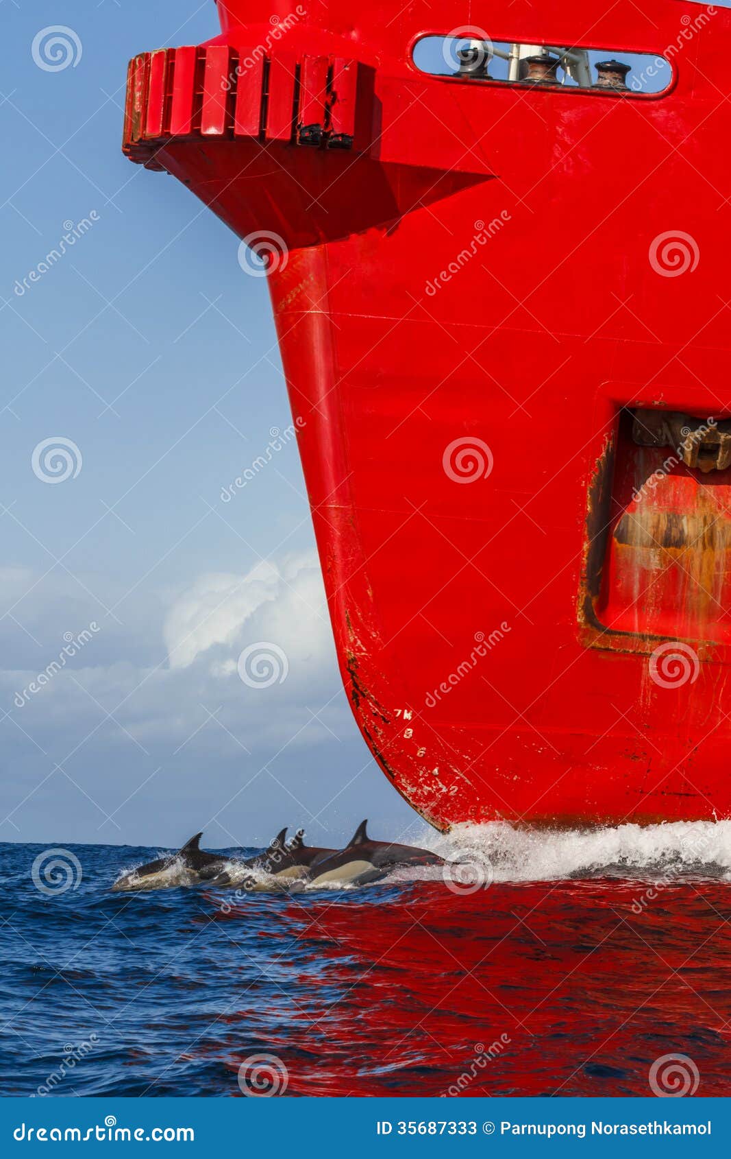 Dolphin and red cargo ship stock image. Image of delivery - 35687333