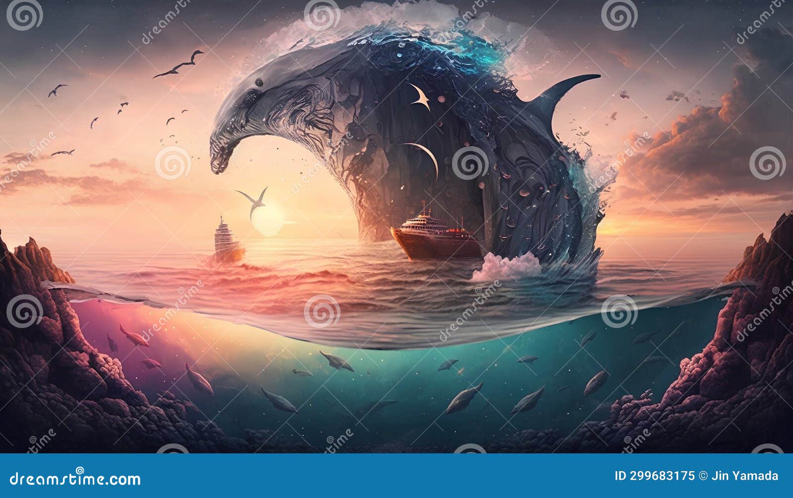 Dolphin and Ship in the Sea. 3D Illustration. Fantasy Stock ...