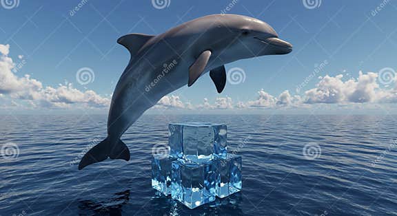 A Dolphin Soaring Above the Ocean, with a Stack of Translucent Blue Ice ...