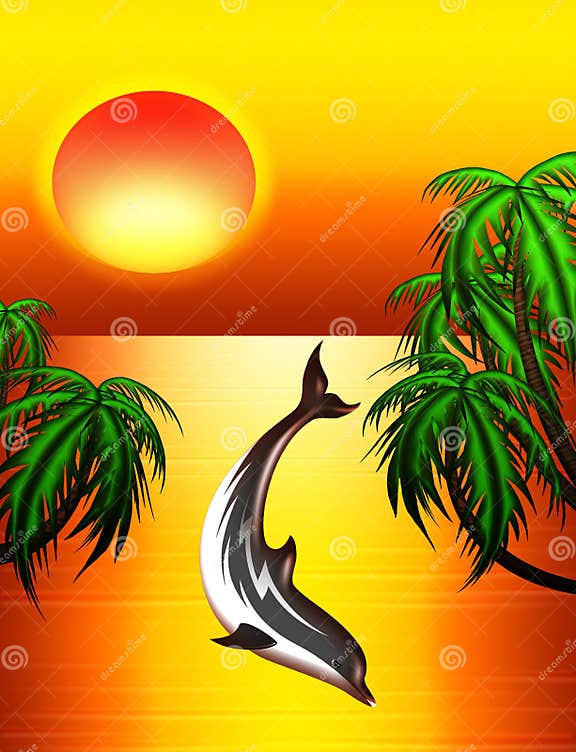 Dolphin on Sunset stock illustration. Illustration of green - 9378639