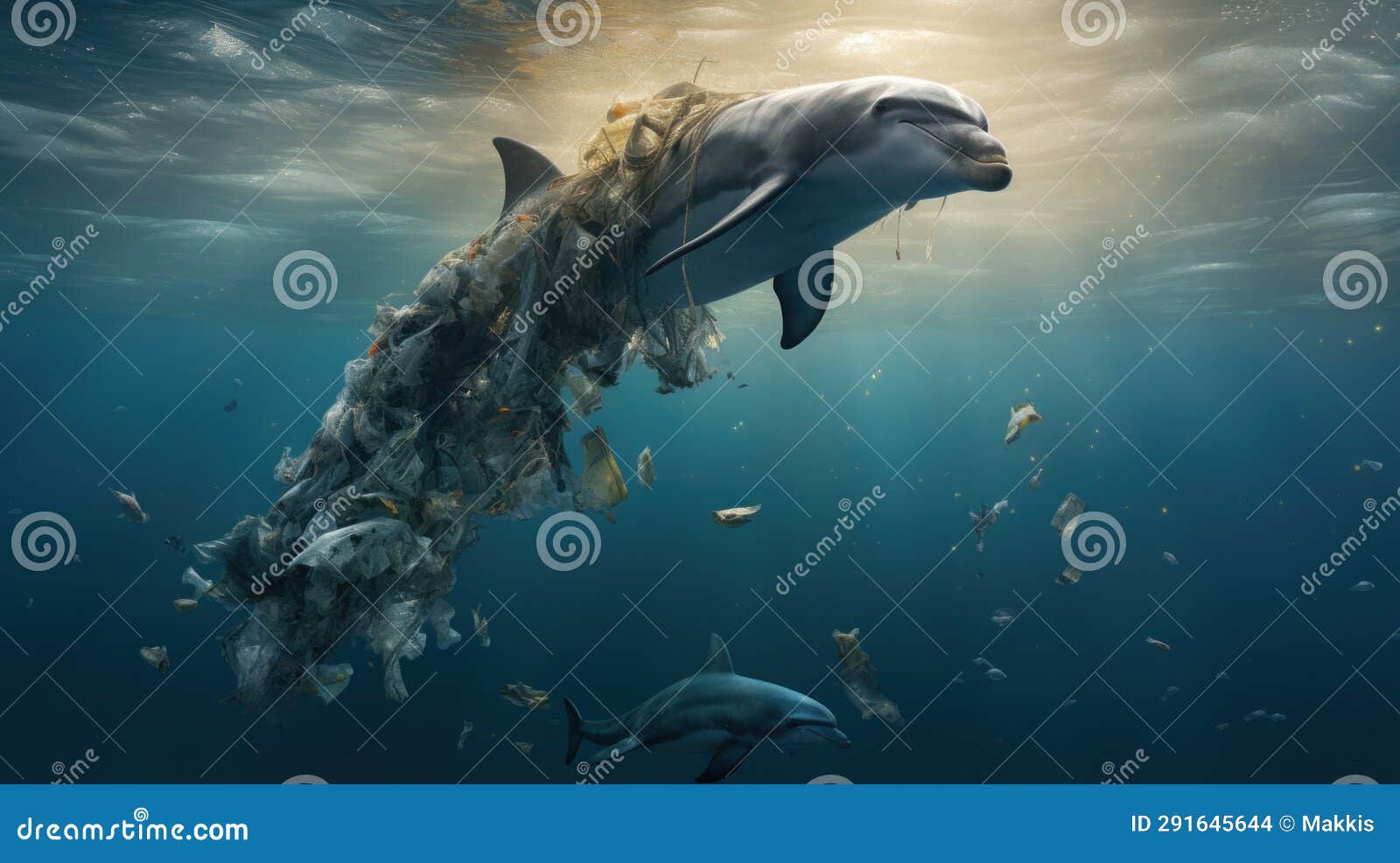 A Dolphin Trapped in a Plastic Garbage in the Ocean. Environmental ...