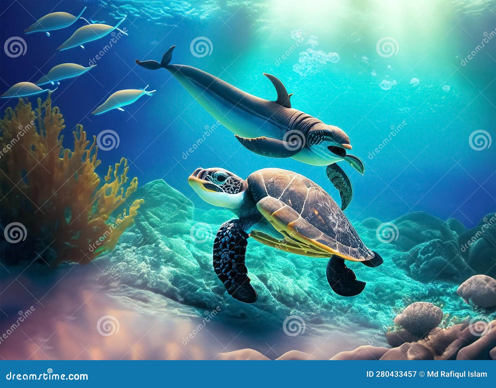 Dolphin and Turtle Underwater. Generative AI Stock Illustration ...