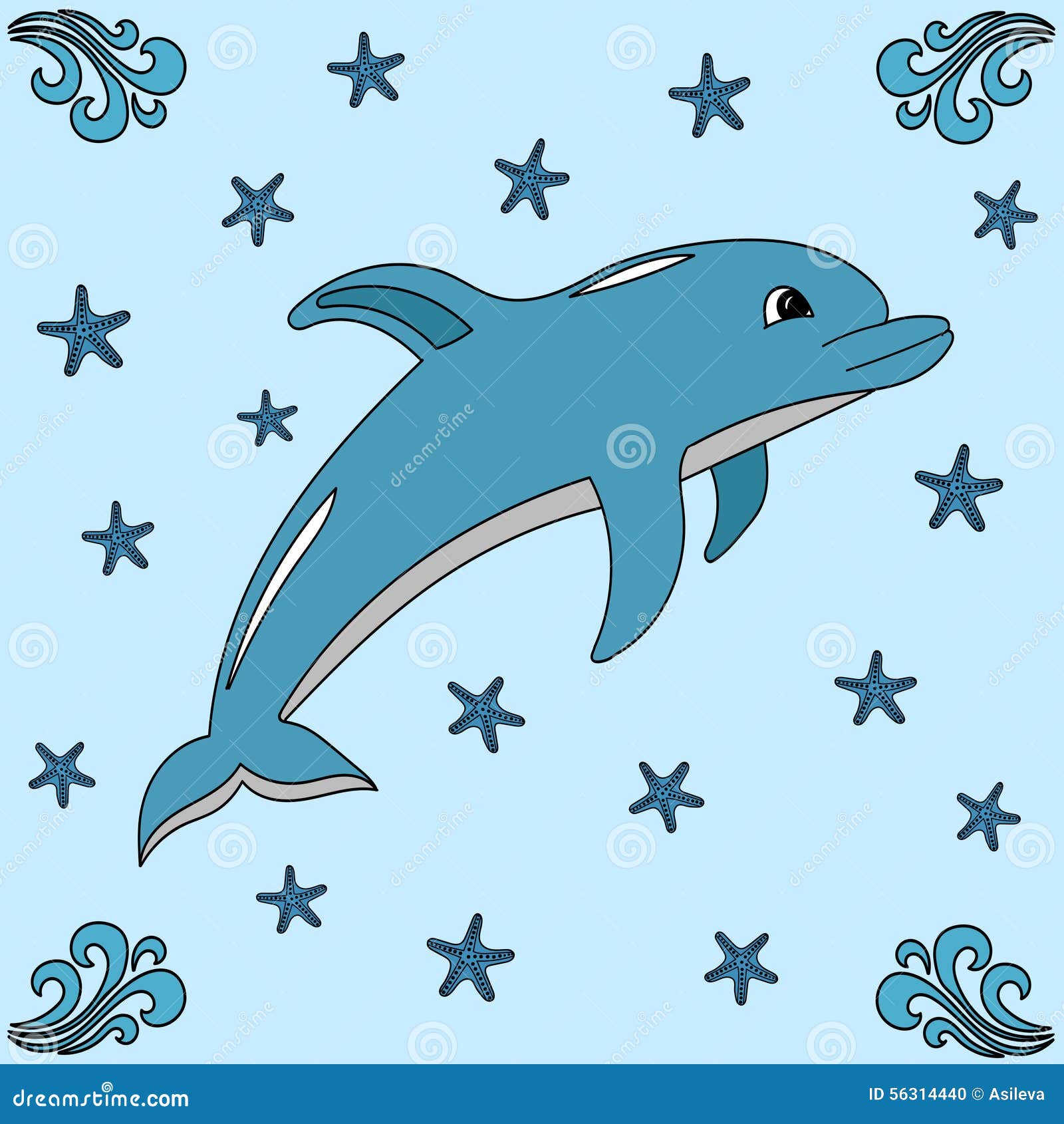 Dolphin, Wave and Starfish Illustration Stock Vector - Illustration of ...