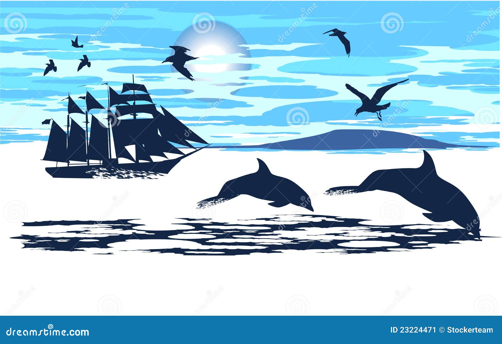 Dolphins Accompanied the Ship Stock Illustration - Illustration of ...