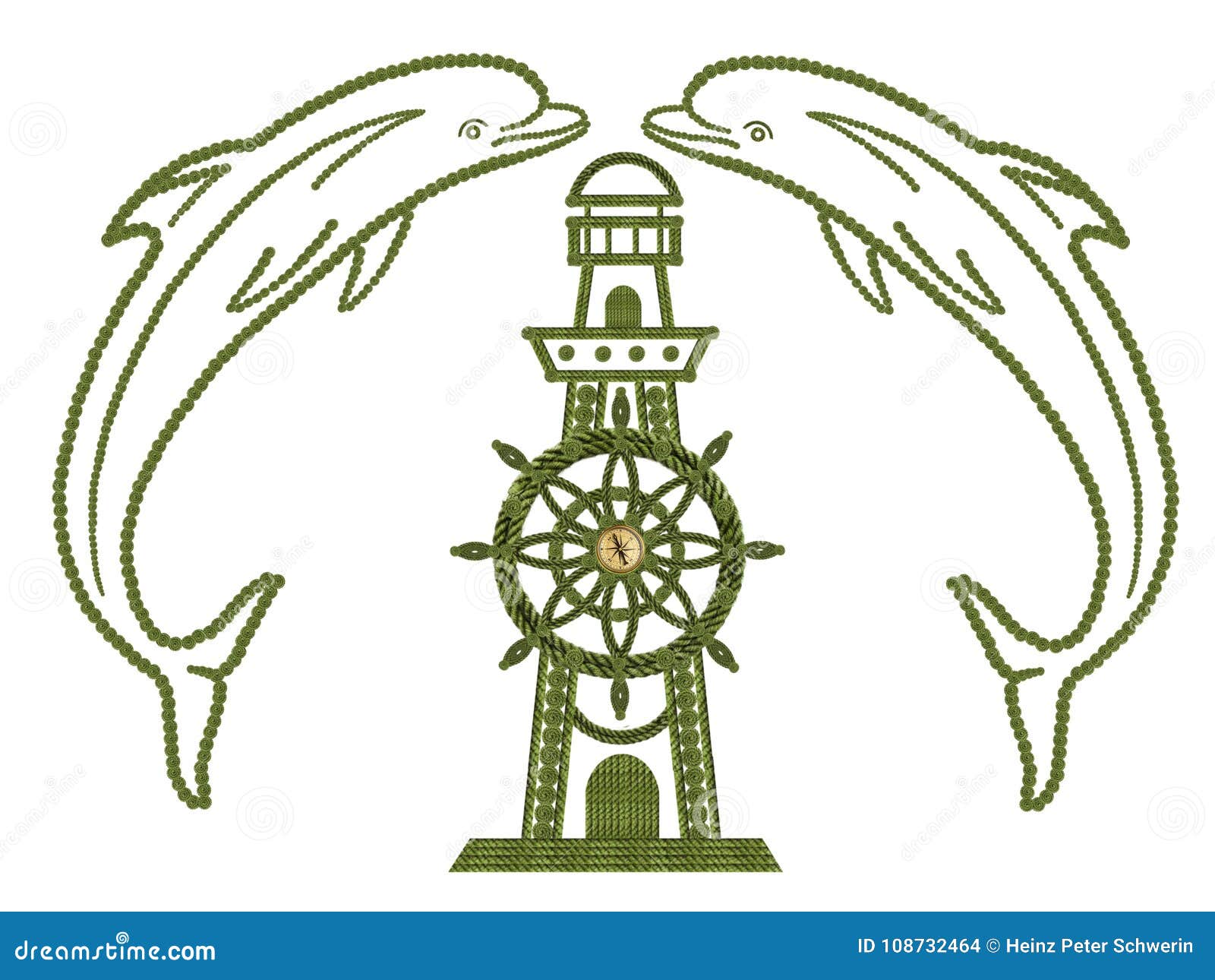 Dolphins Compass Wheel and Lighthouse of Ropes Stock Photo - Image of ...