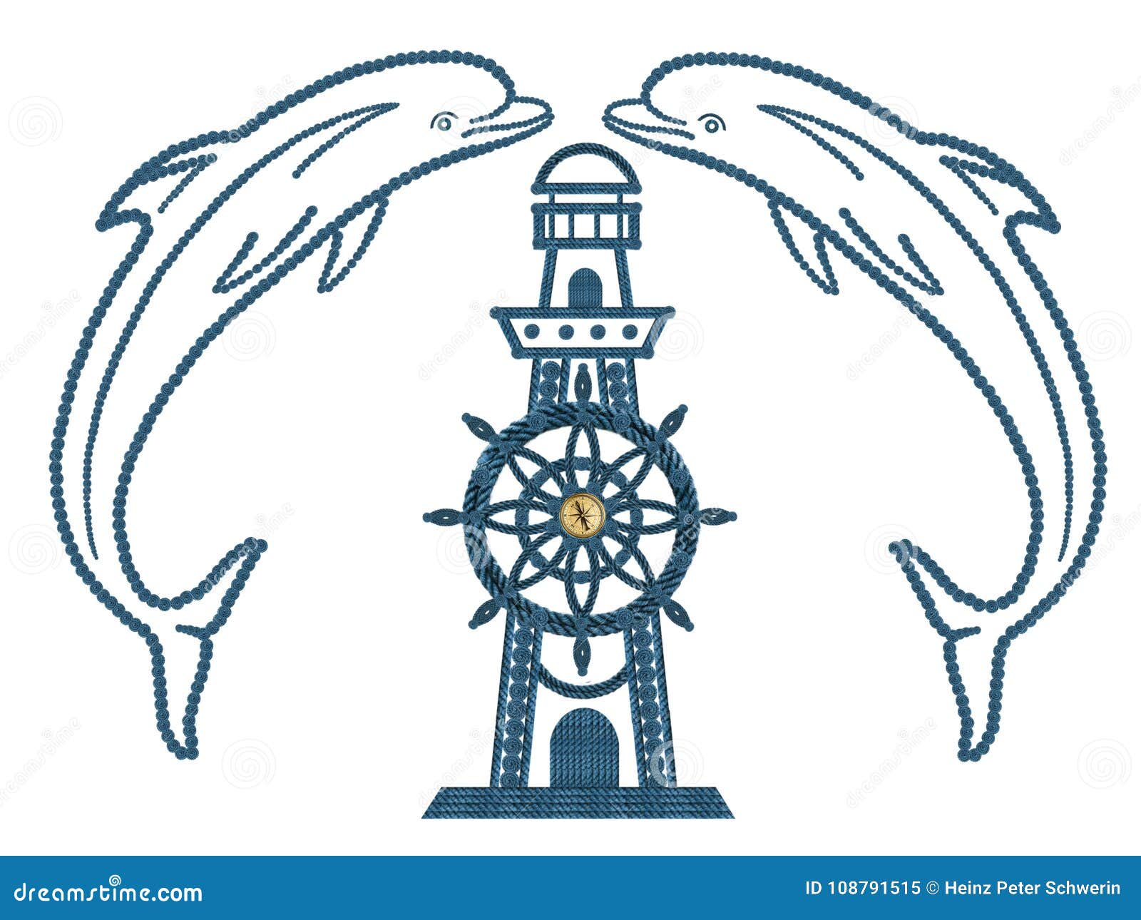 Dolphins Compass Wheel and Lighthouse of Ropes Stock Illustration ...