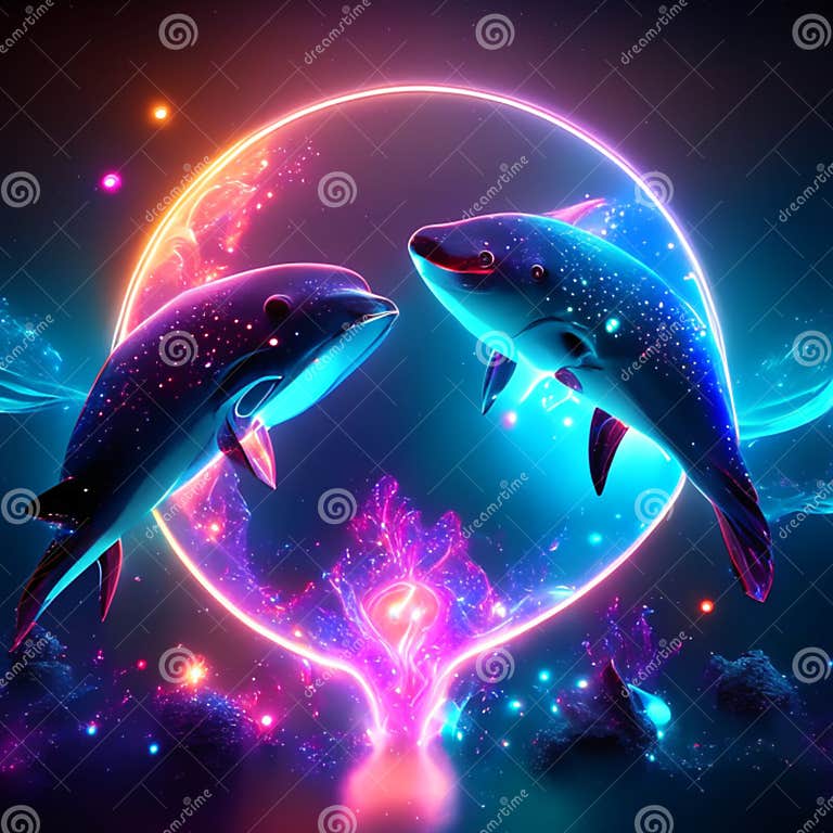 Dolphins in the Deep Space. 3d Vector Illustration in Neon Style ...
