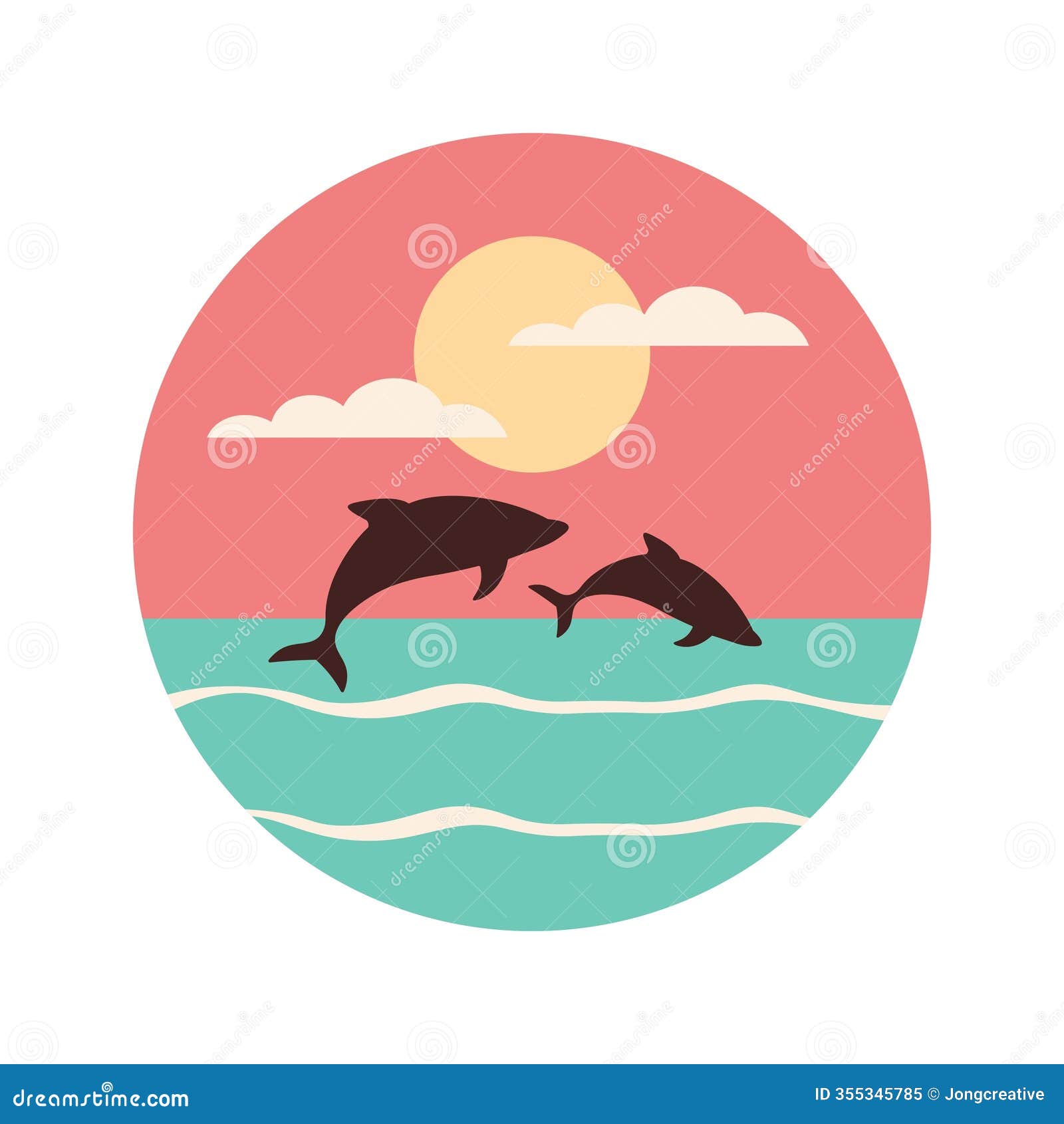 Dolphins Silhouette Jumping on the Ocean Surface with Sun Circle at ...