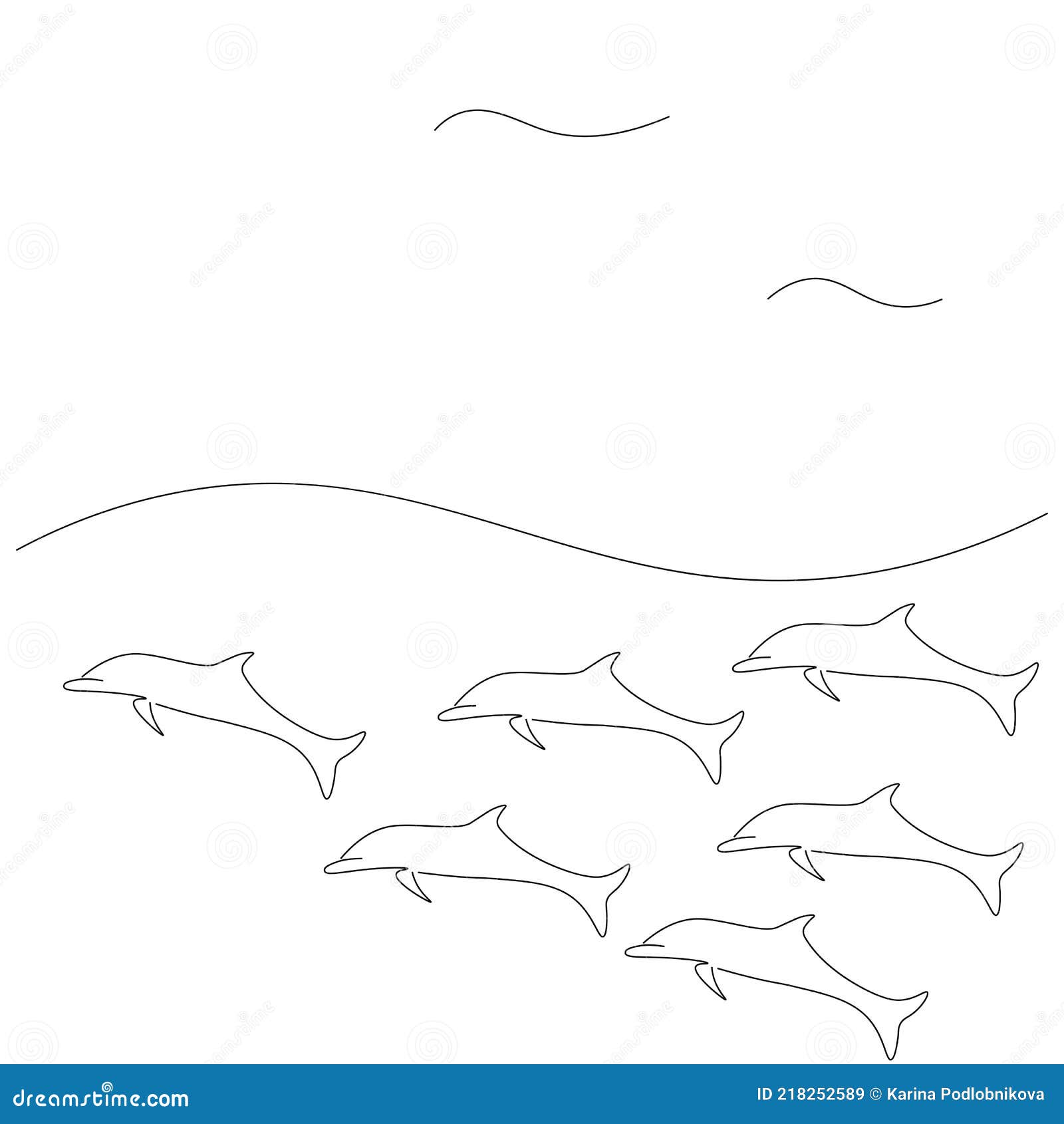 Dolphins Silhouette On Ocean Line Drawing Vector Illustration ...
