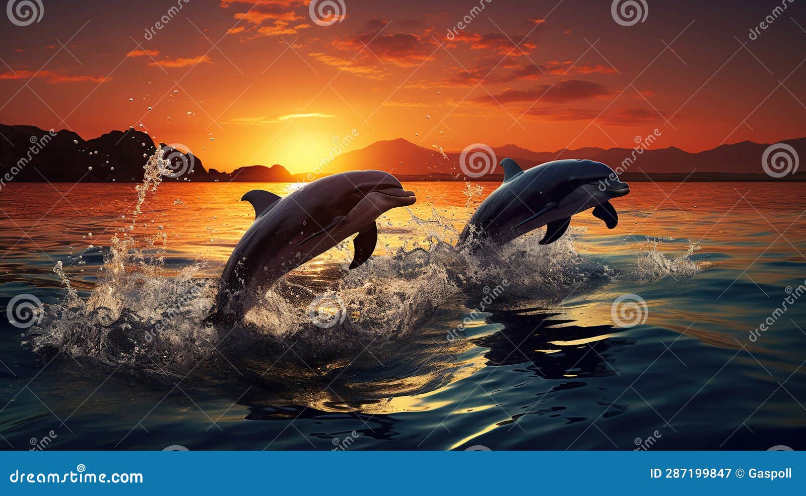 Dolphins Silhouettes In Under The Sea On Sunset, Illustration, Vector ...
