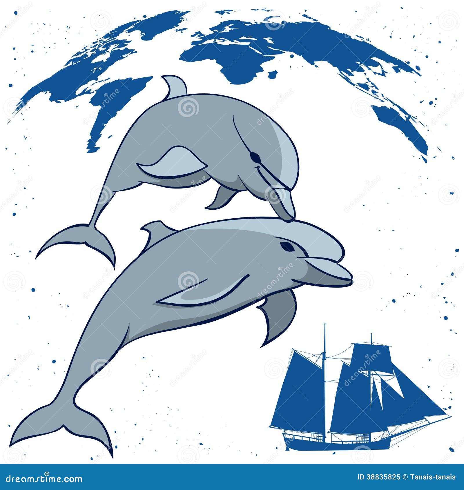 Dolphins and tall ship stock vector. Illustration of schooner - 38835825
