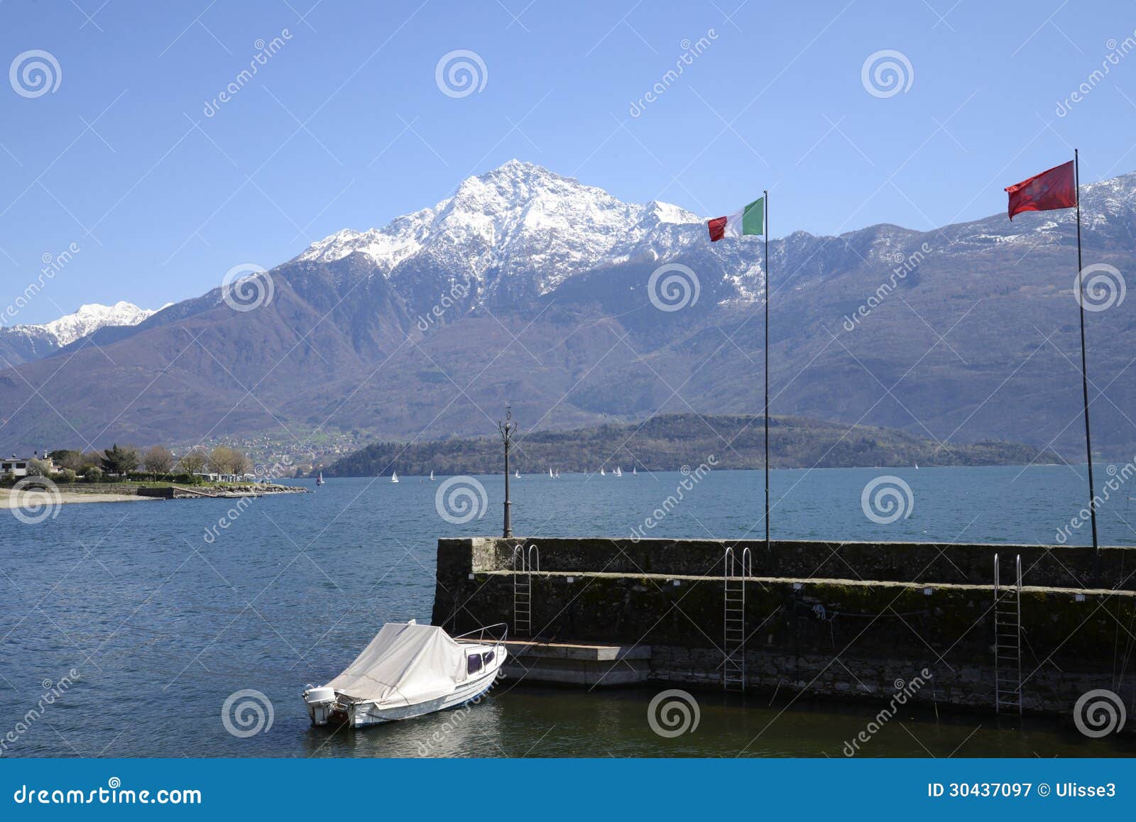 Domaso Harbour with Flags, Lake of Como, Italy Stock Image - Image of ...