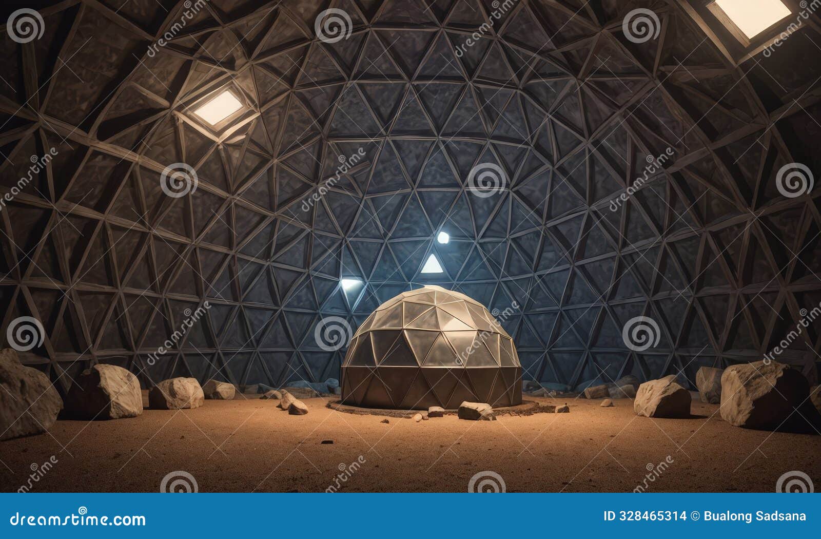 Dome-shaped Structure with Glass Dome and Triangular Roof Stands in ...