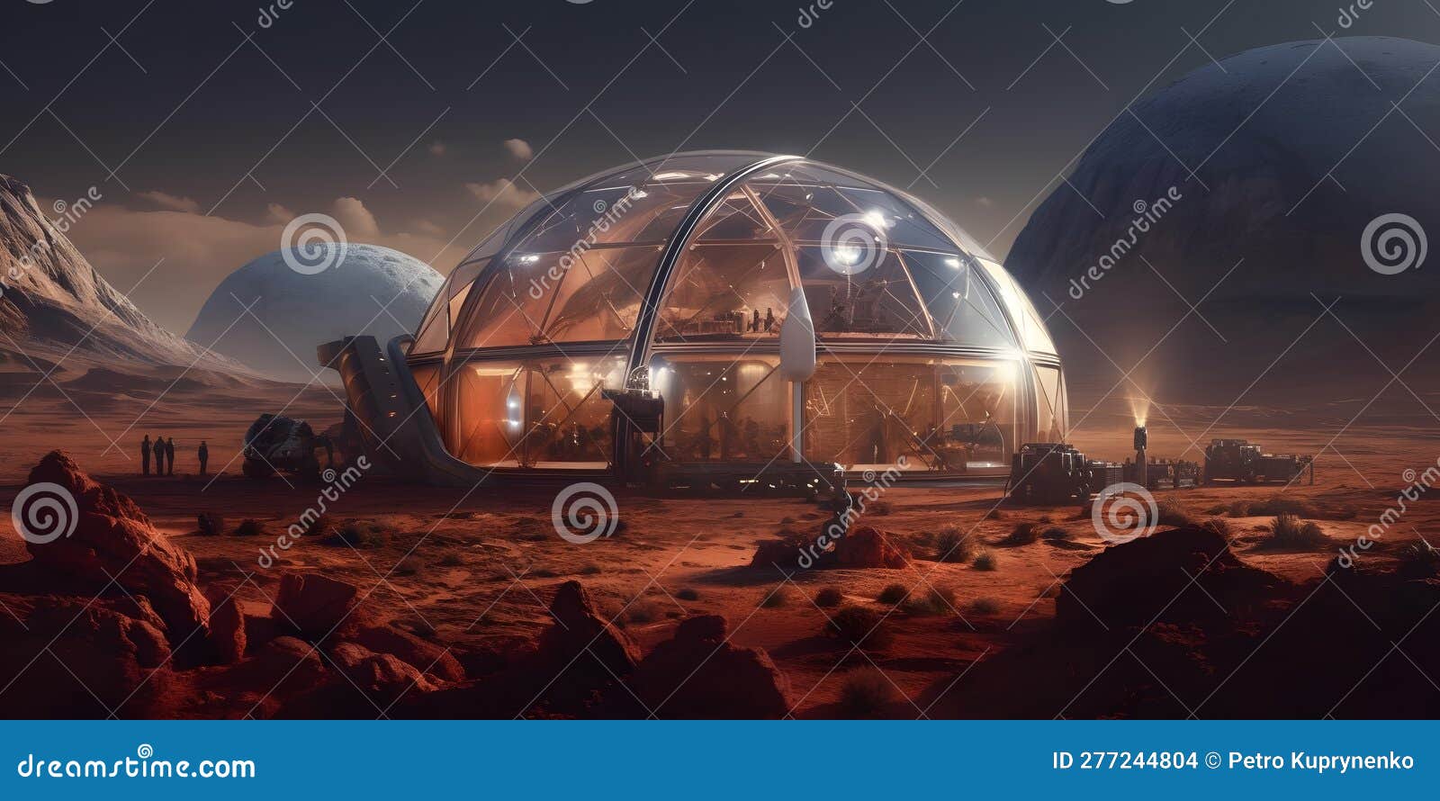 Domed Transparent Habitation Module on the Planet Mars with Astronauts ...