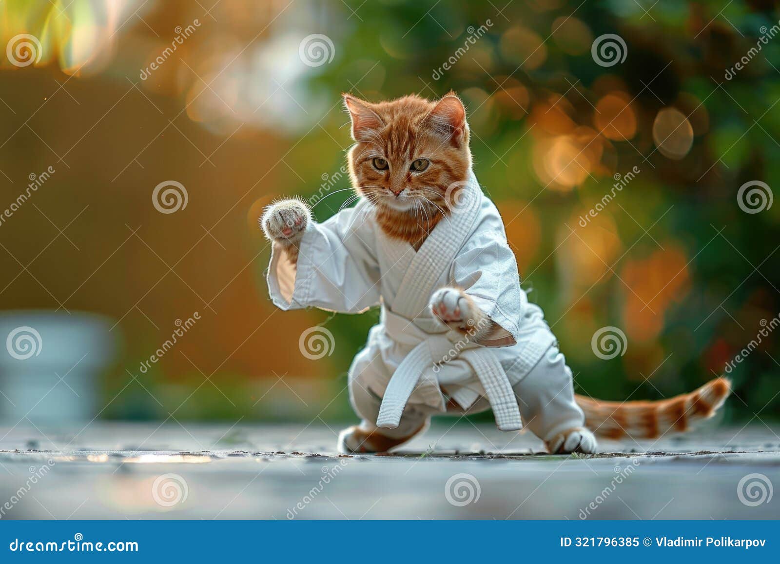 A Domestic Cat Posing in a White Robe, Performing a Karate Stance Stock ...
