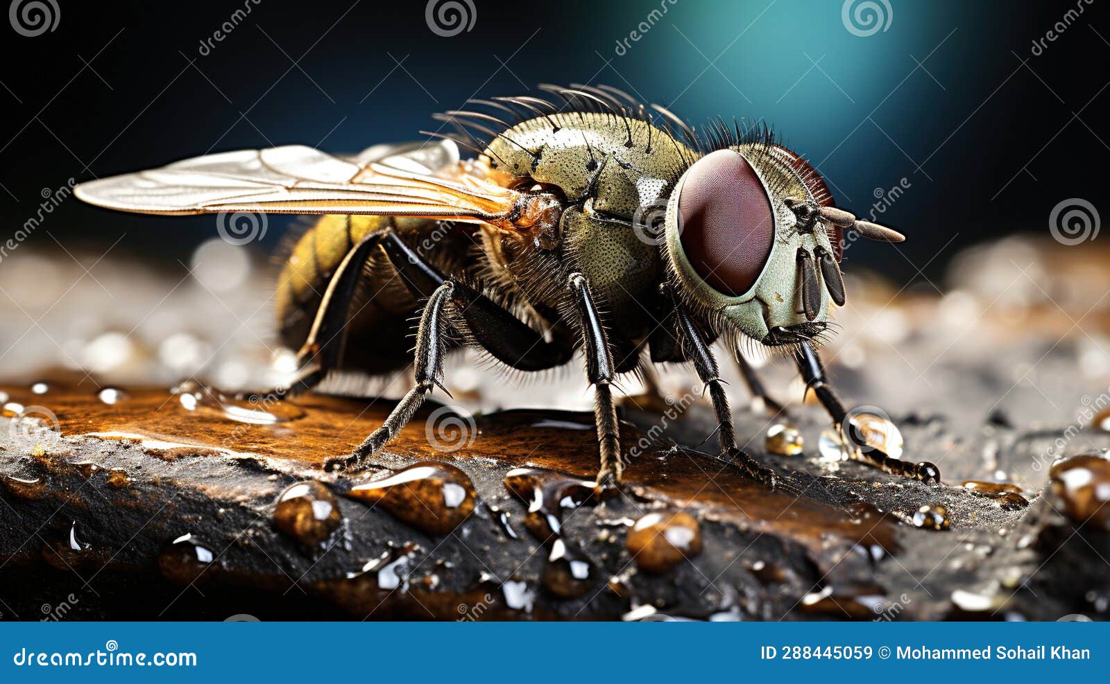 Domestic Colored Fly Sits on the Surface Focus on Foreground Stock ...