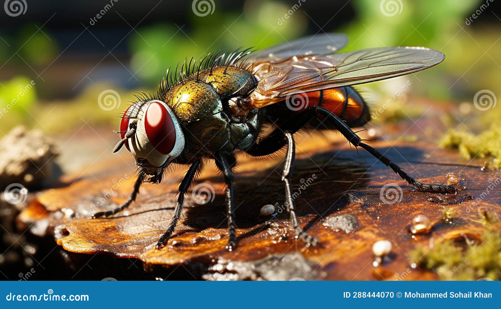 Domestic Colored Fly Sits on the Surface Focus on Foreground Stock ...