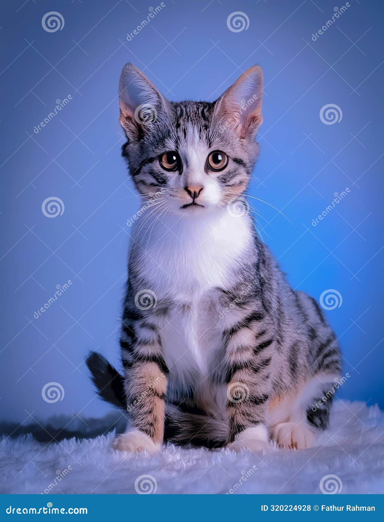 A Domestic Kitten Facing the Camera with a Soft Blue Backdrop Stock ...
