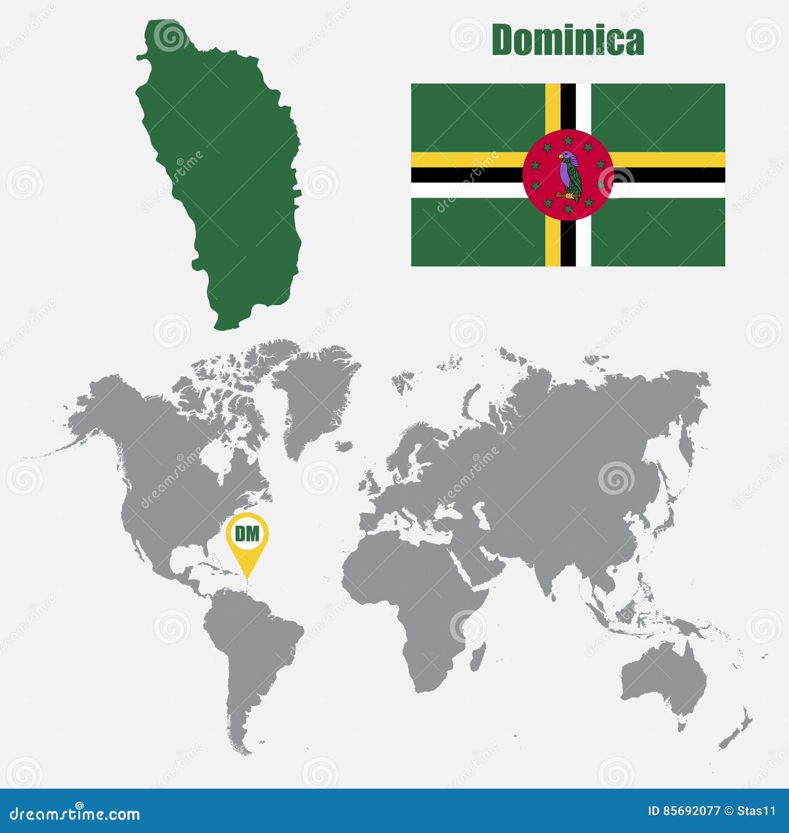 Dominica Map on a World Map with Flag and Map Pointer. Vector ...