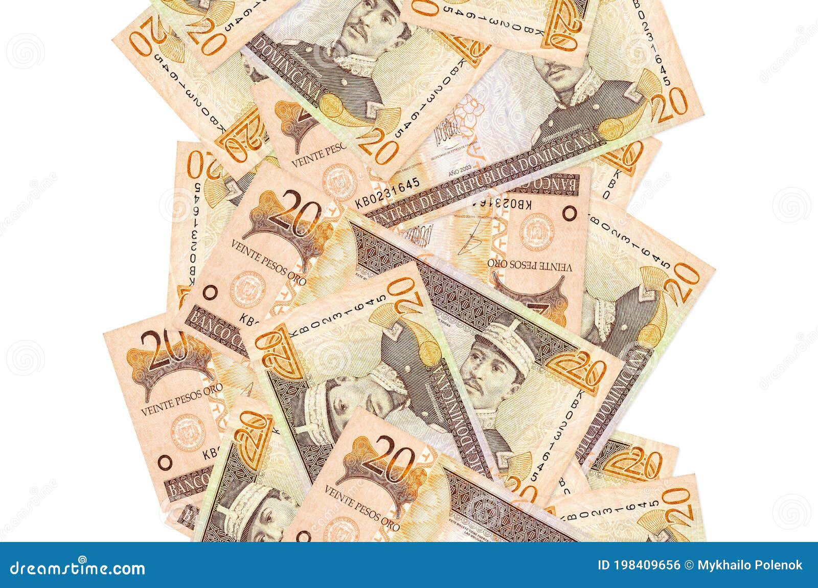 20 Dominican Peso Bills Flying Down Isolated On White. Many Banknotes ...