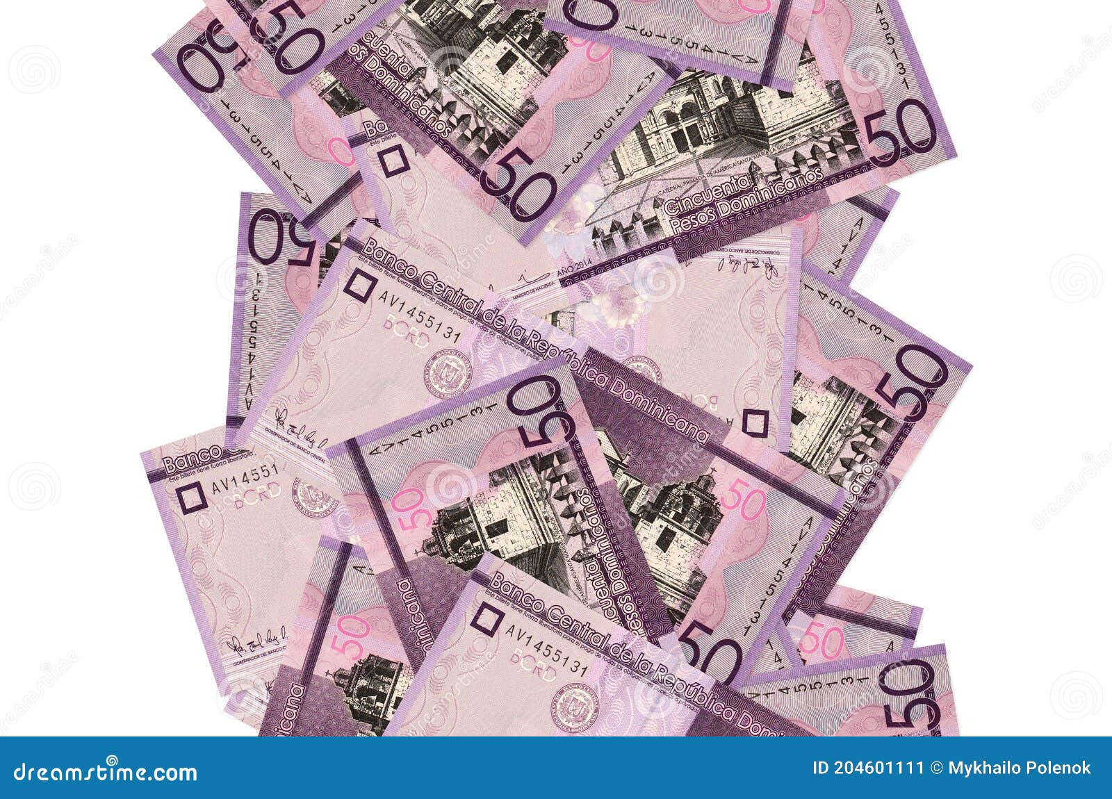 50 Dominican Pesos Bills Flying Down Isolated on White. Many Banknotes ...