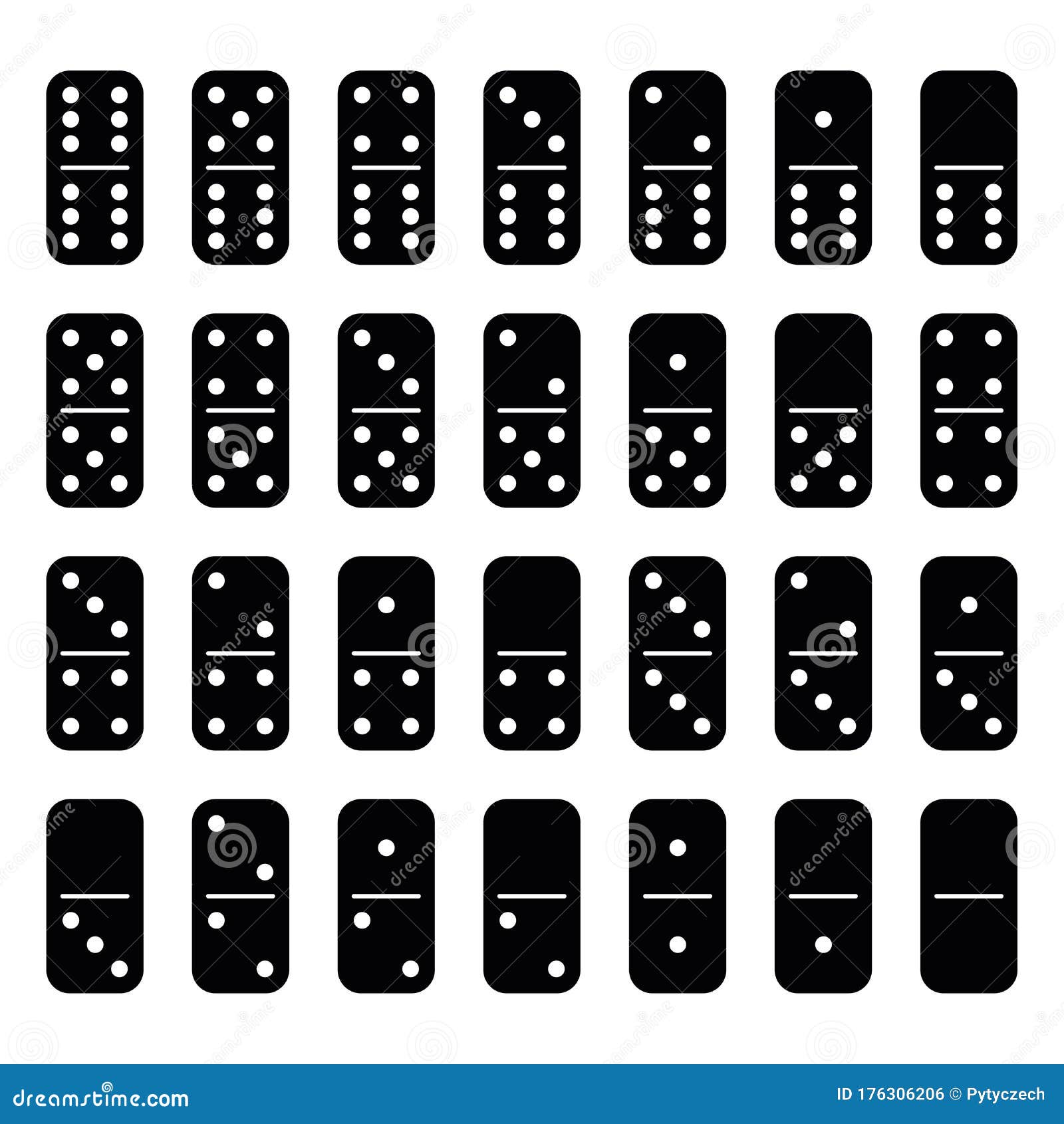 Domino Set of 28 Tiles. Black Pieces with White Dots Stock Vector ...