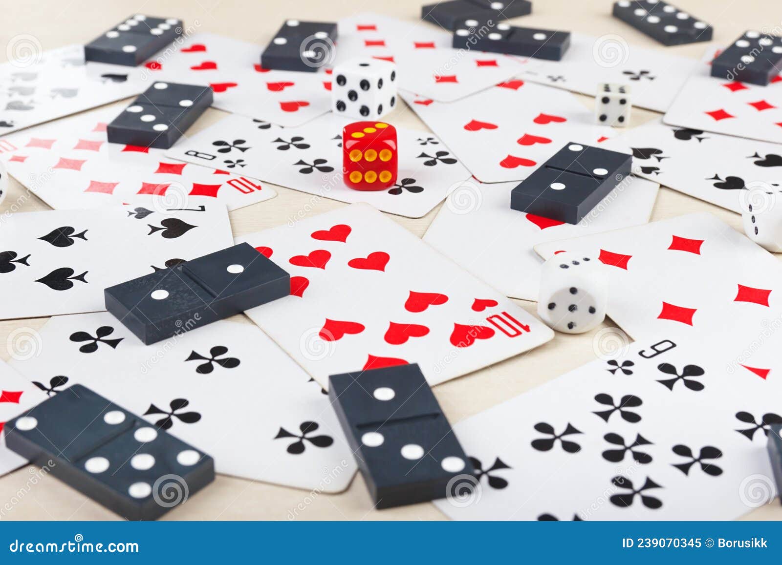 Dominoes, Playing Cards and Dice for Board Games on Table Close Up ...