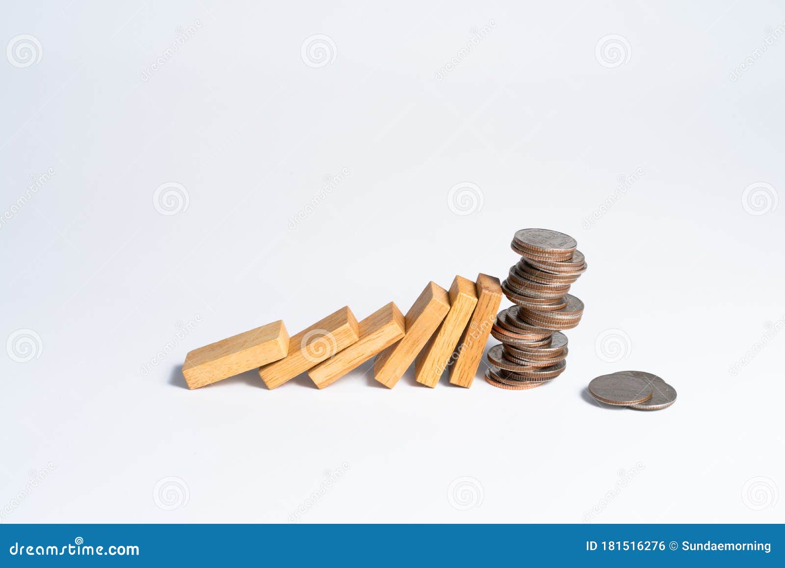 Dominoes with Unstable Coin Stack on White Background, Financial Crisis ...