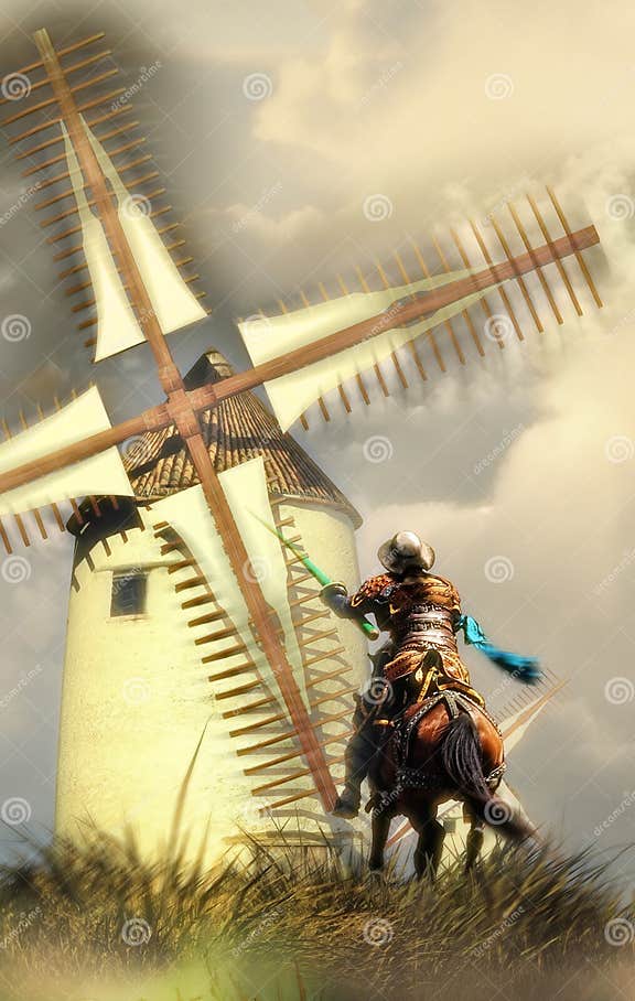 Don Quixote Attacks the Windmills Stock Illustration - Illustration of ...