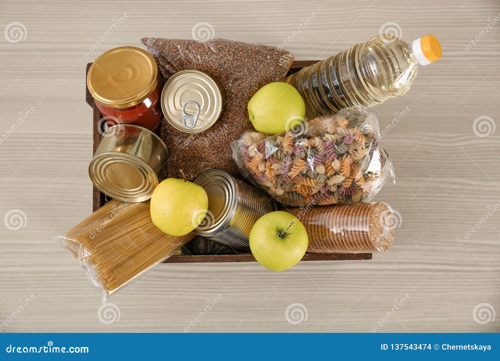 Donation Box with Food on Wooden Table Stock Photo - Image of items ...