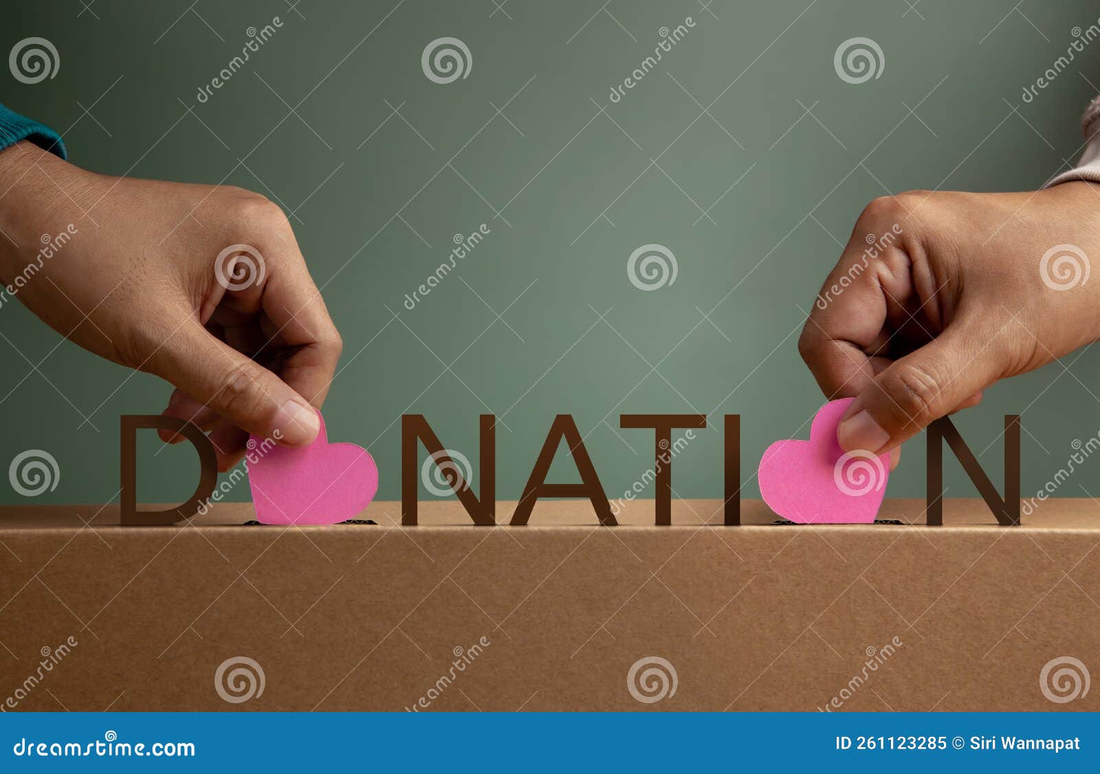 Donation Concept. Two People Drop a Paper Heart into a Donate Box Stock ...